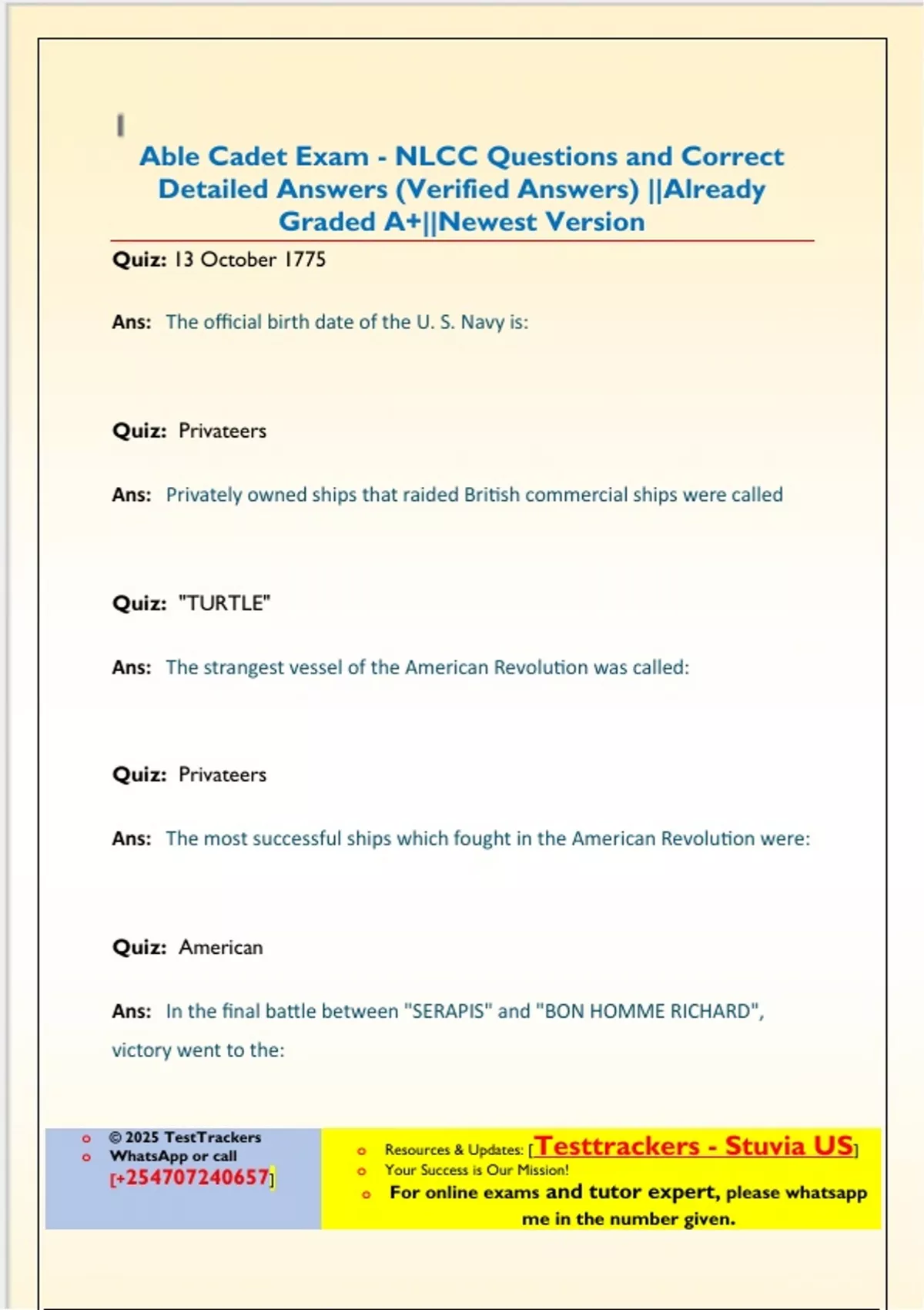 Able Cadet Exam - NLCC Questions and Correct Detailed Answers (Verified ...