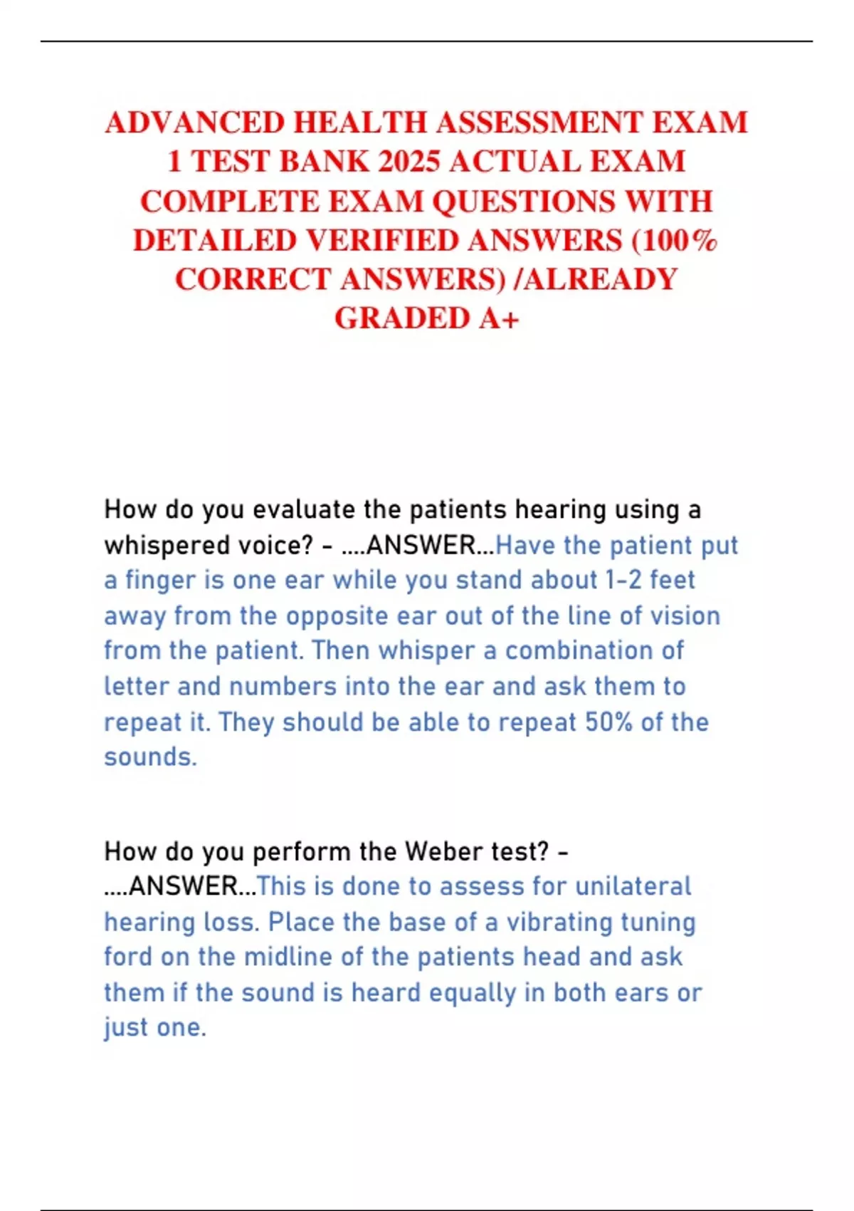 ADVANCED HEALTH ASSESSMENT EXAM 1 TEST BANK 2025 ACTUAL EXAM COMPLETE ...