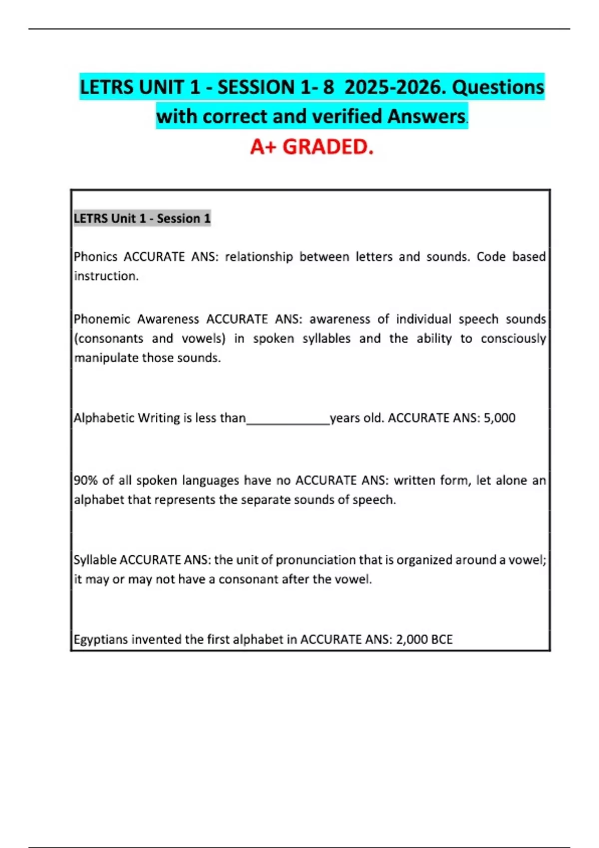 LETRS UNIT 1 - SESSION . Questions with correct and verified Answers ...