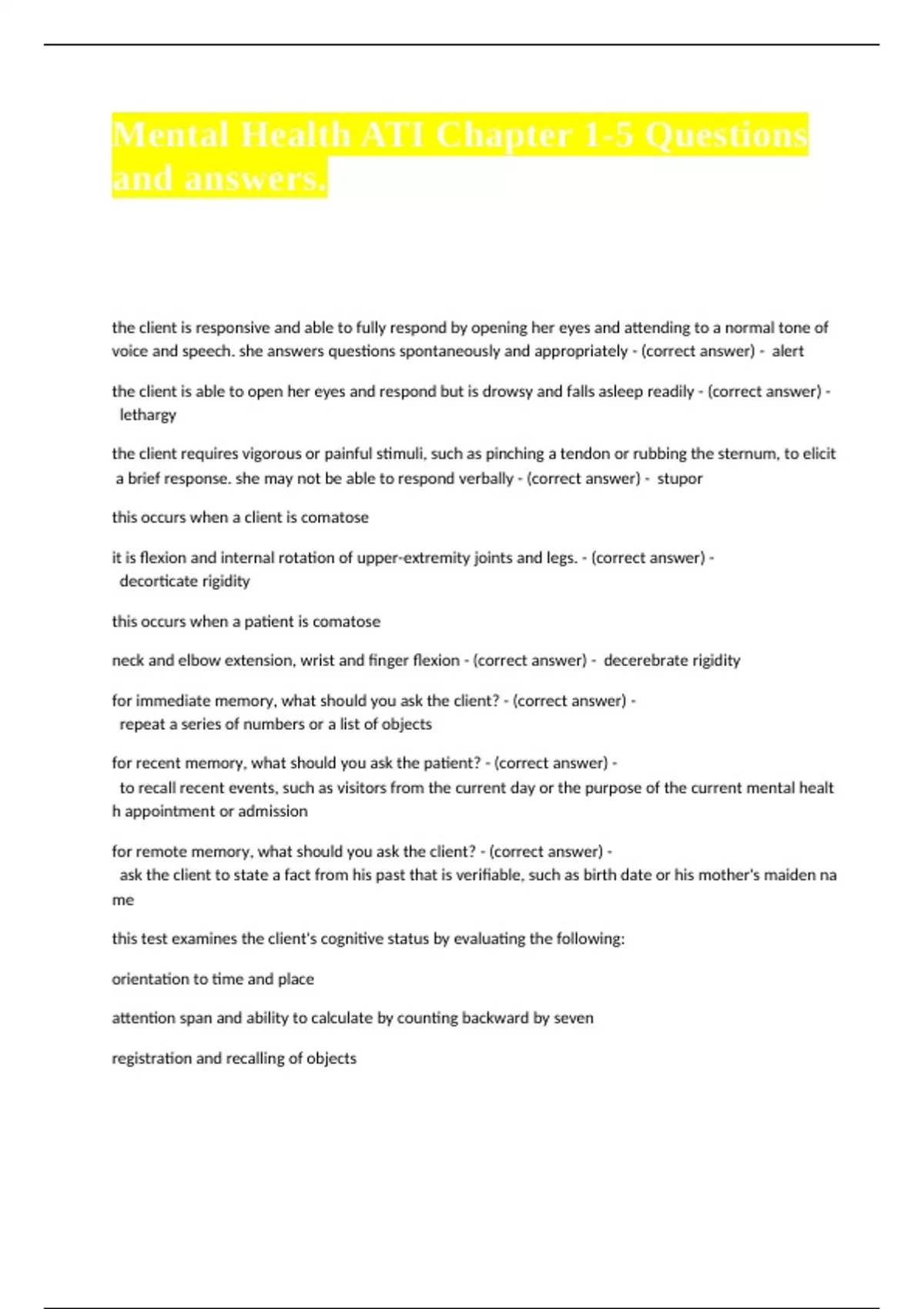 Mental Health ATI Chapter 1-5 Questions and answers.. - Ati mental ...