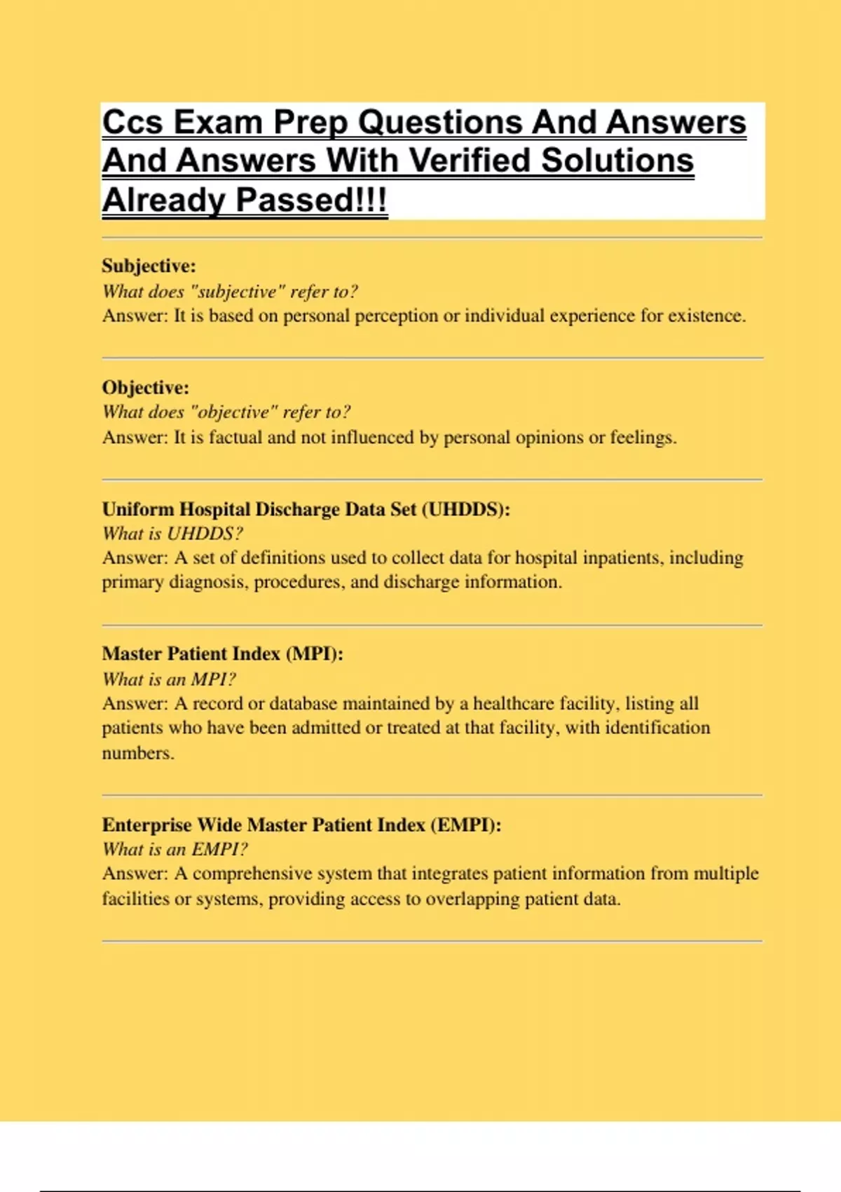 Ccs Exam Prep Questions And Answers And Answers With Verified Solutions Already Passed!!! - CCSH ...