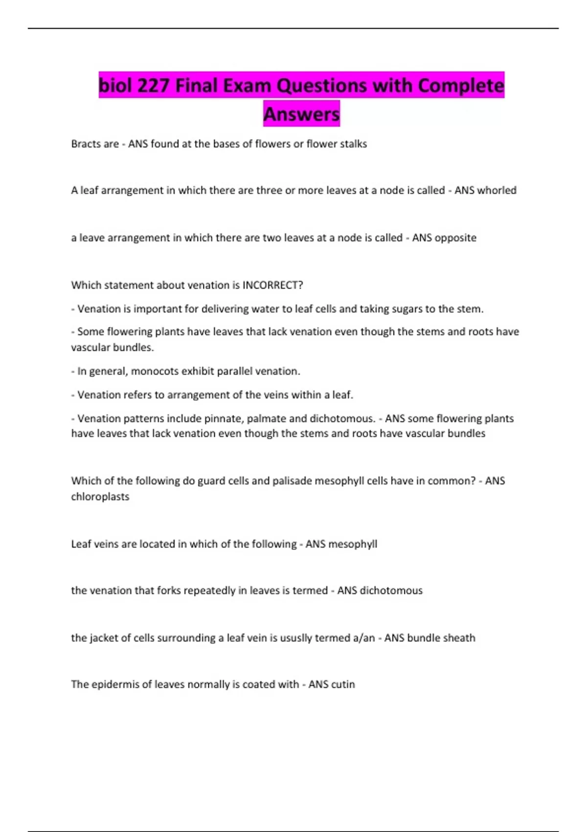 biol 227 Final Exam Questions with Complete Answers - Biol 227 - Stuvia US