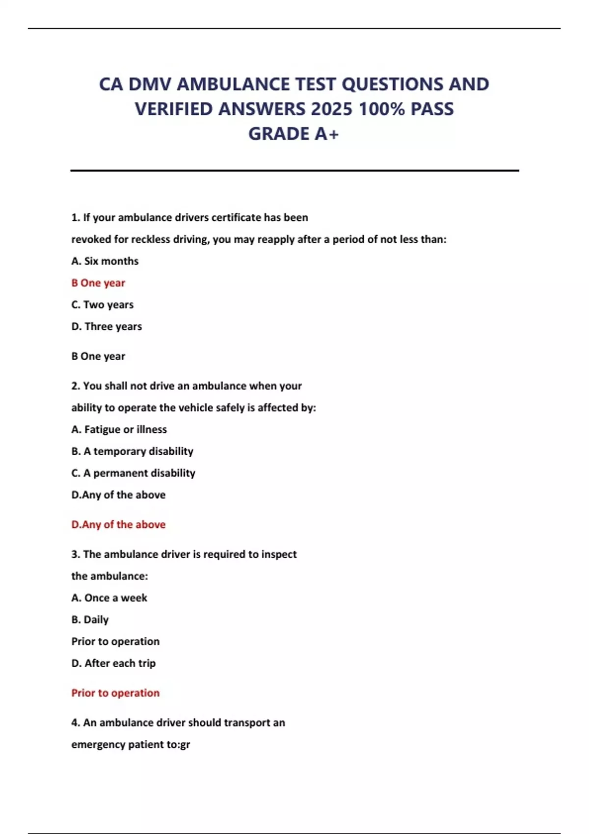CA DMV AMBULANCE TEST QUESTIONS AND VERIFIED ANSWERS 2025 100% PASS ...