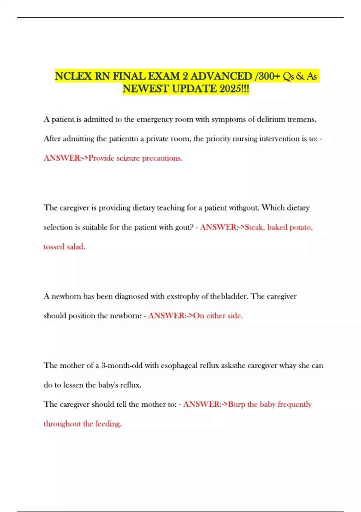 NCLEX RN FINAL EXAM 2 ADVANCED /300+ Qs & As NEWEST UPDATE 2025 ...