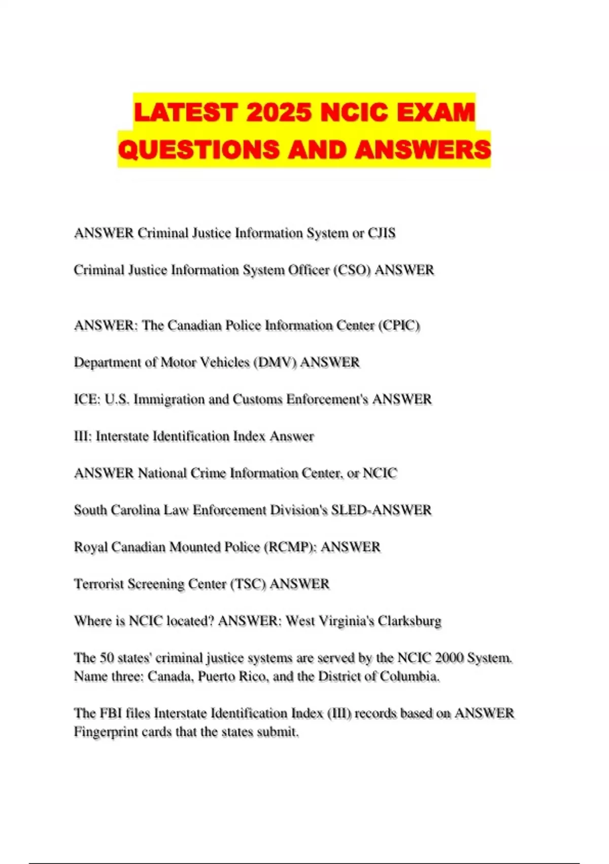 LATEST 2025 NCIC EXAM QUESTIONS AND ANSWERS - NCIC - Stuvia US