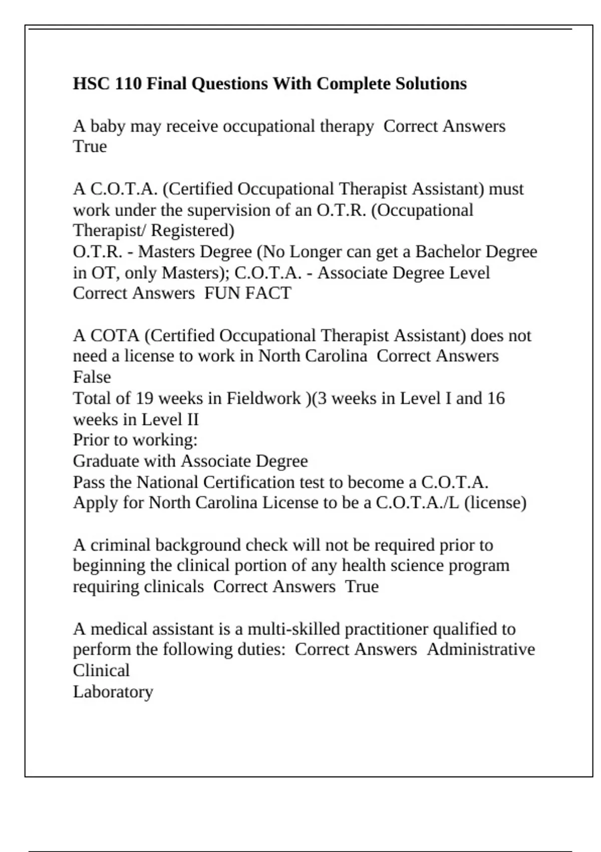 HSC 110 Final Questions With Complete Solutions - HSC 110 - Stuvia US
