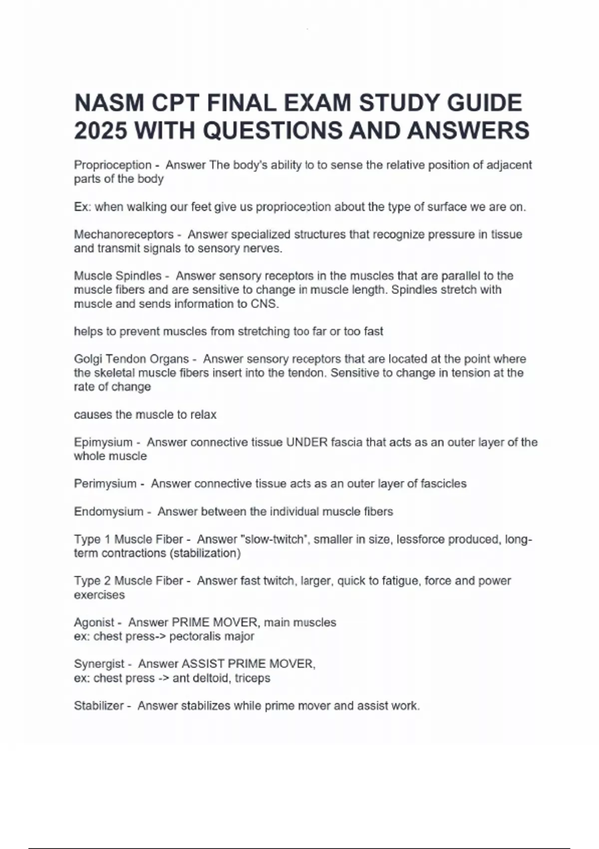 NASM CPT FINAL EXAM STUDY GUIDE 2025 WITH QUESTIONS AND ANSWERS - Nasm cpt - Stuvia US