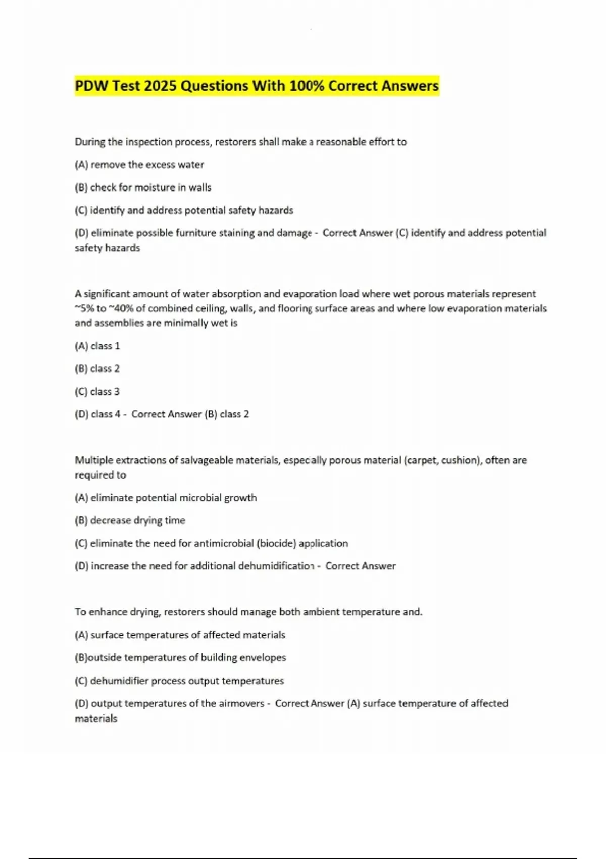PDW Test 2025 Questions With 100% Correct Answers - IICRC WRT - Stuvia US