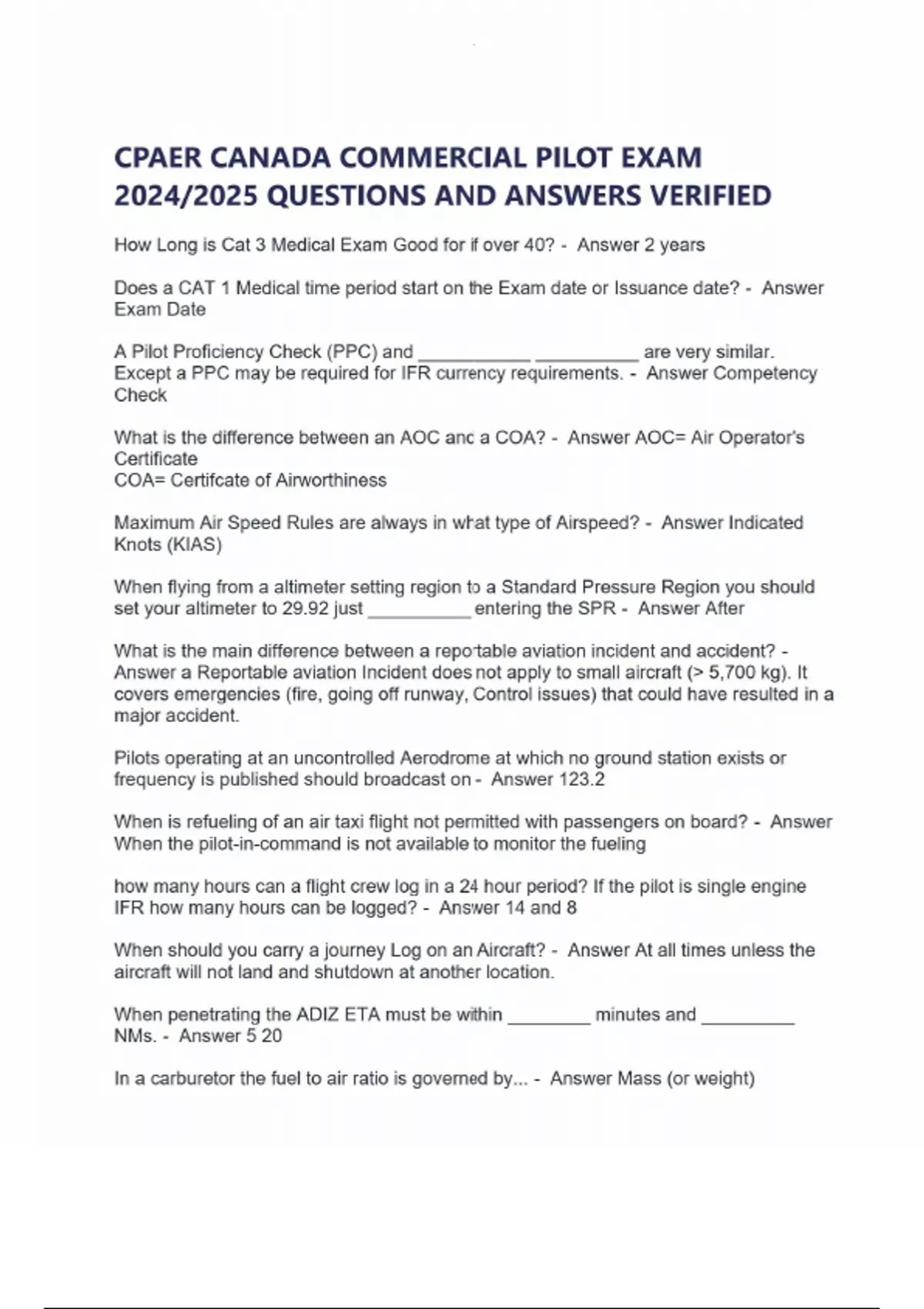 CPAER CANADA COMMERCIAL PILOT EXAM 2024/2025 QUESTIONS AND ANSWERS ...