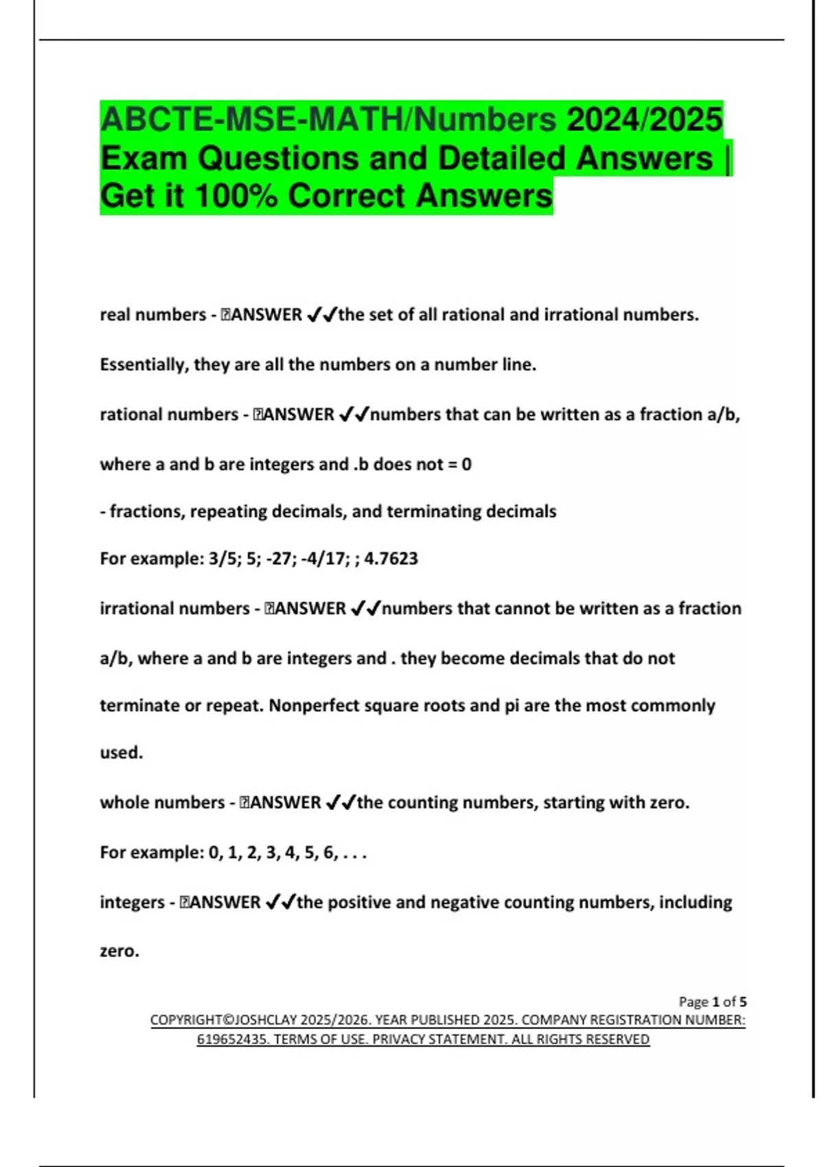 ABCTE-MSE-MATH/Numbers 2024/2025 Exam Questions and Detailed Answers ...