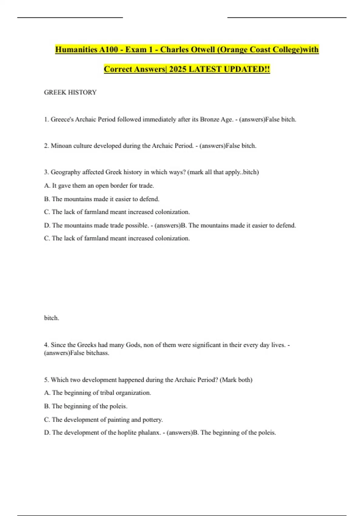Humanities A100 - Exam 1 - Charles Otwell (Orange Coast College)with ...