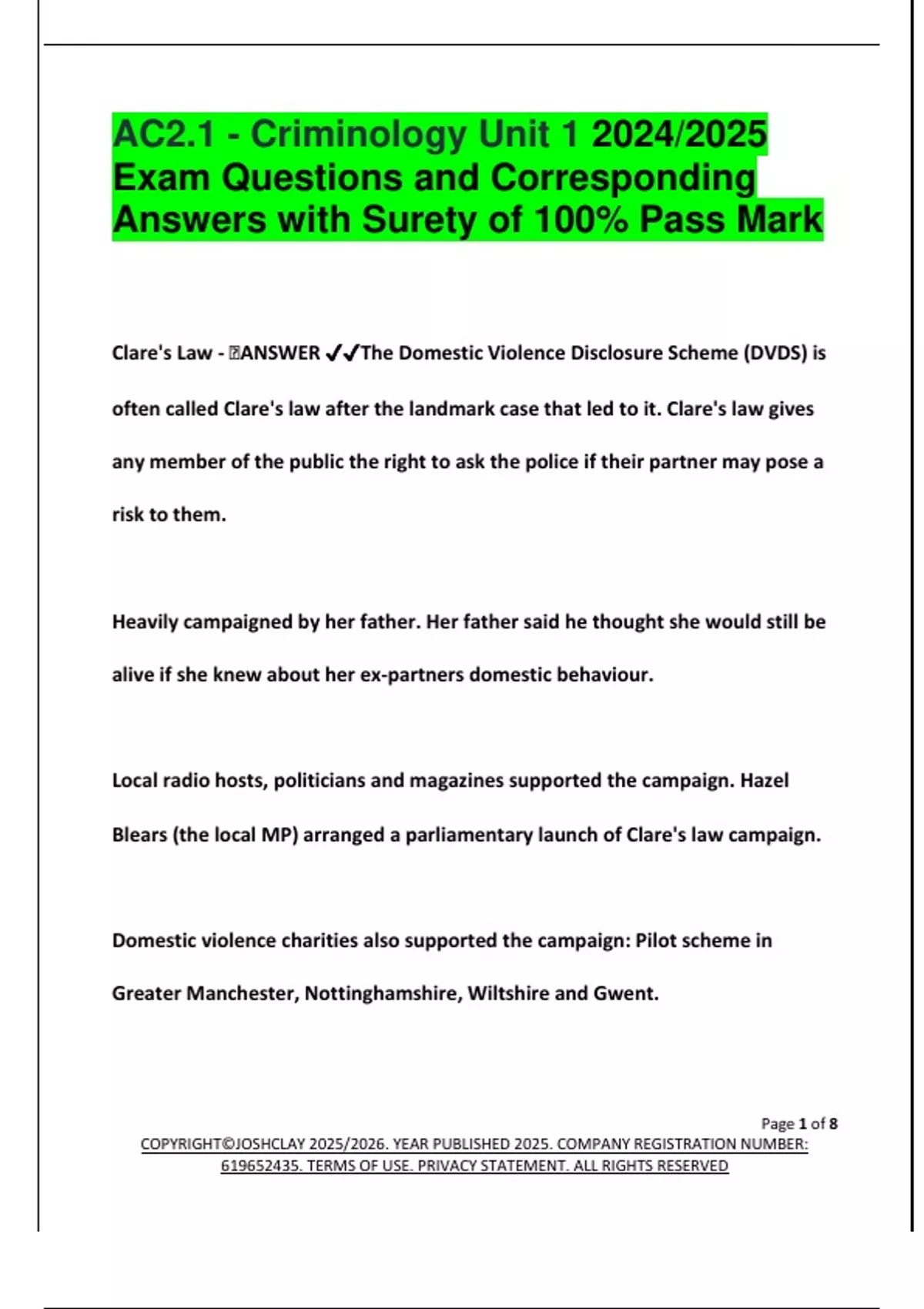 AC2.1 - Criminology Unit 1 2024/2025 Exam Questions and Corresponding Answers with Surety of 100 ...