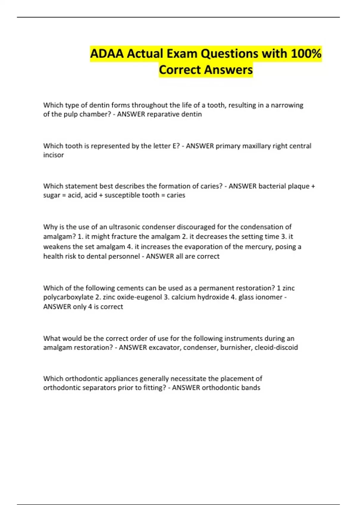 BUNDLE OF ADAA EXAMS | QUESTIONS & CORRECT ANSWESRS LATEST 2025 - Stuvia US