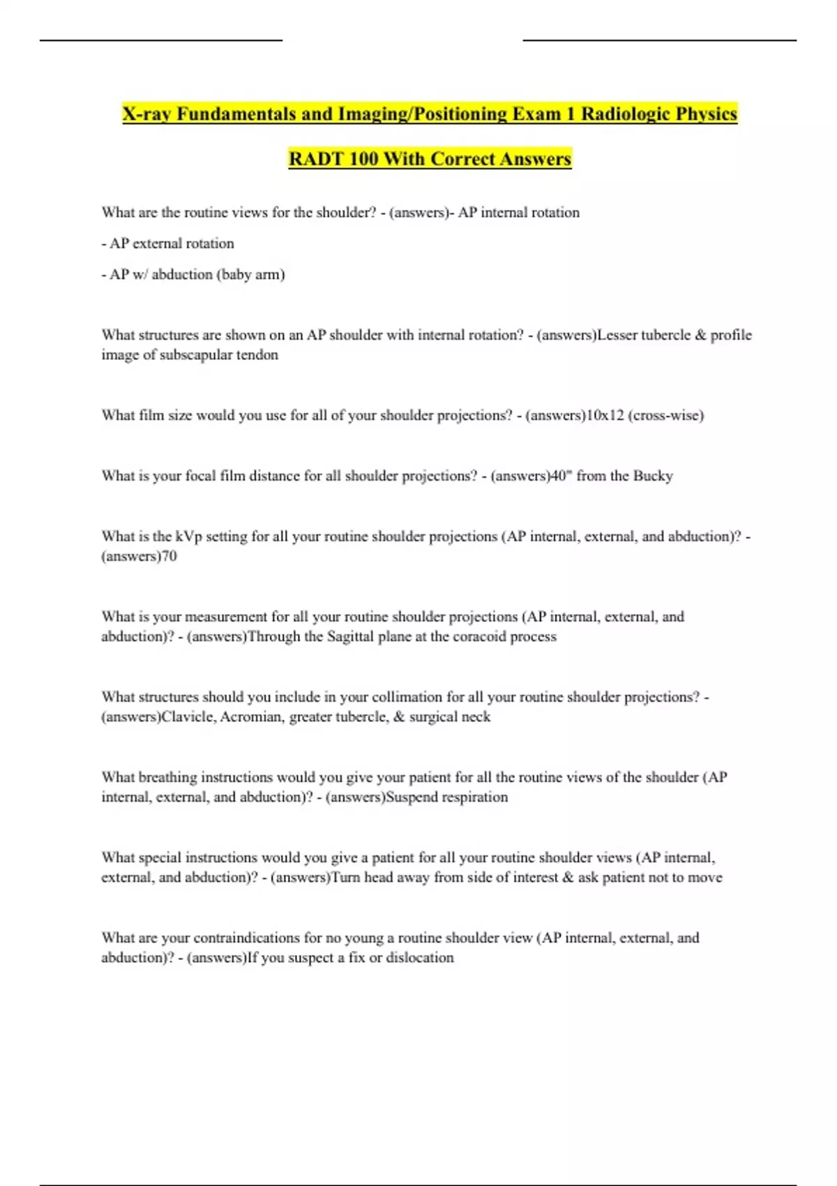 X-ray Fundamentals and Imaging/Positioning Exam 1 Radiologic Physics ...
