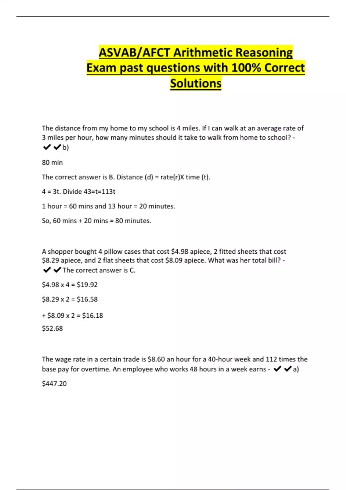 ASVAB/AFCT Arithmetic Reasoning Exam past questions with 100% Correct ...