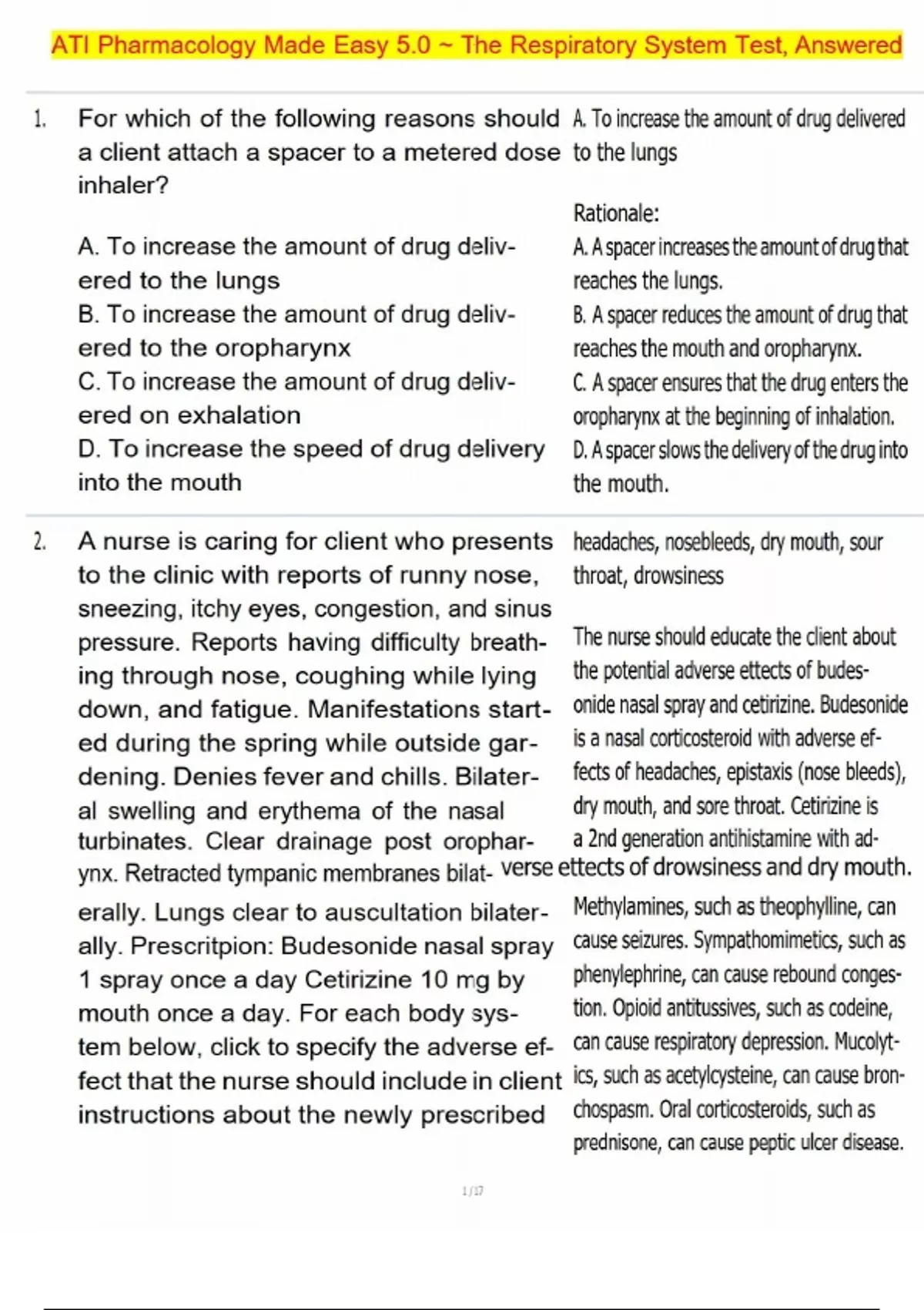 ATI Pharmacology Made Easy 5.0 ~ The Respiratory System Test, Exam ...