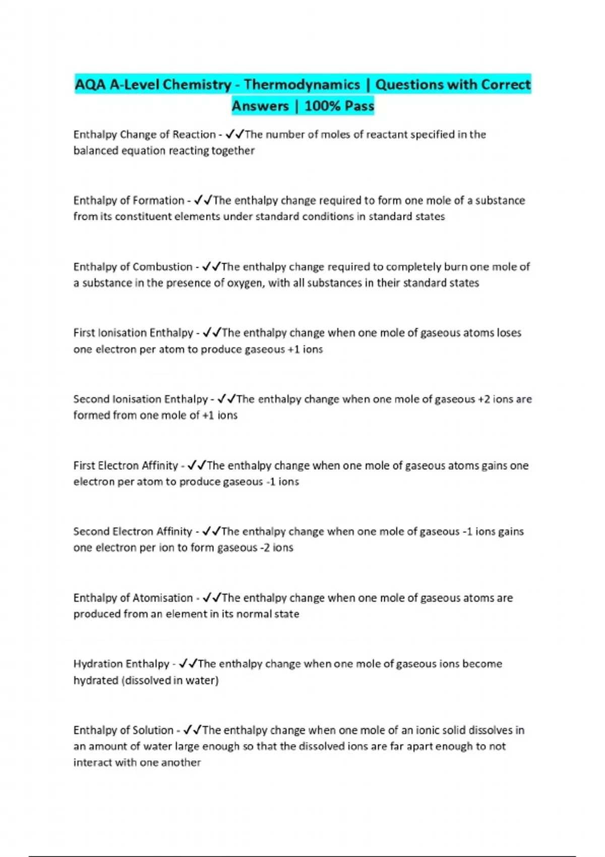 AQA A-Level Chemistry - Thermodynamics | Questions with Correct Answers ...