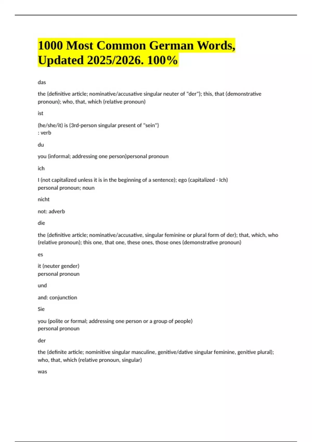 1000 Most Common German Words, Updated 2025/2026. 100% - 1000 Most ...