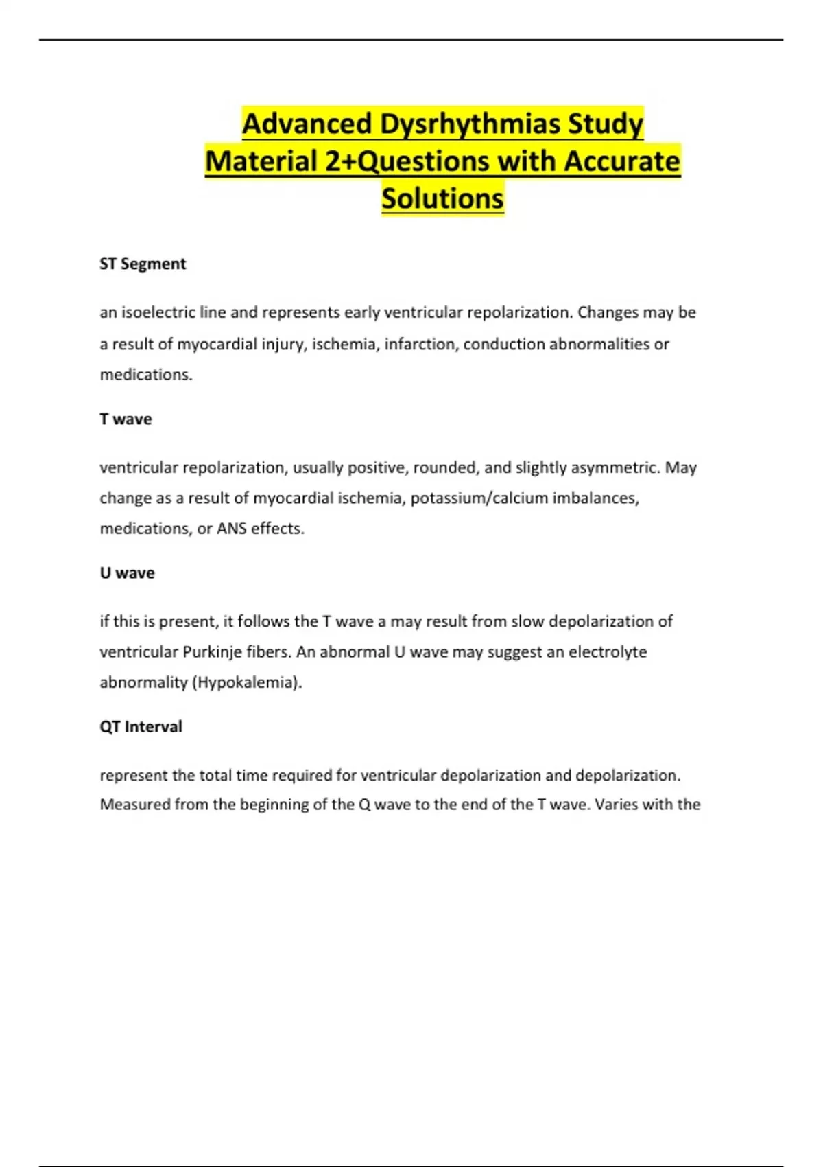 Advanced Dysrhythmias Study Material 2+Questions with Accurate ...