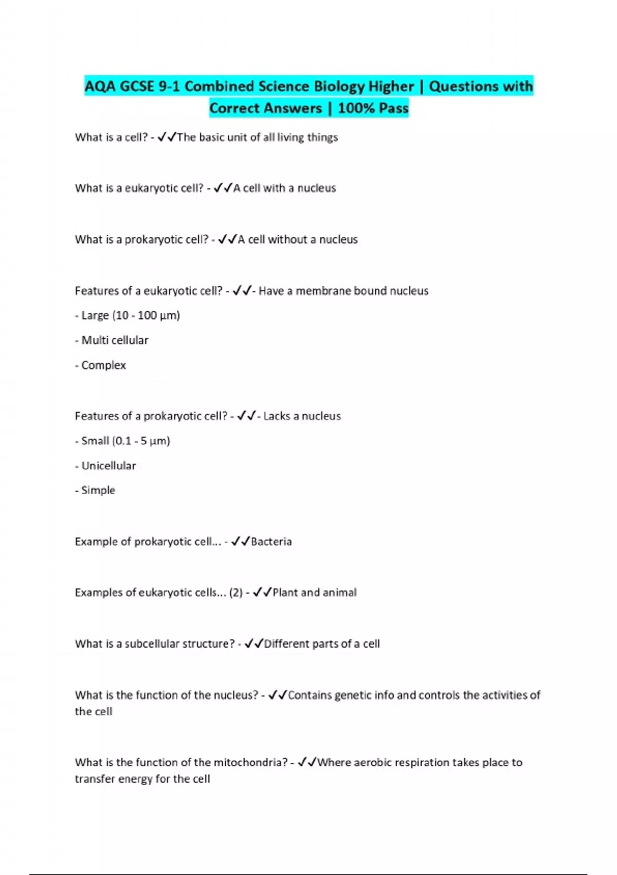AQA GCSE 9-1 Combined Science Biology Higher | Questions with Correct ...