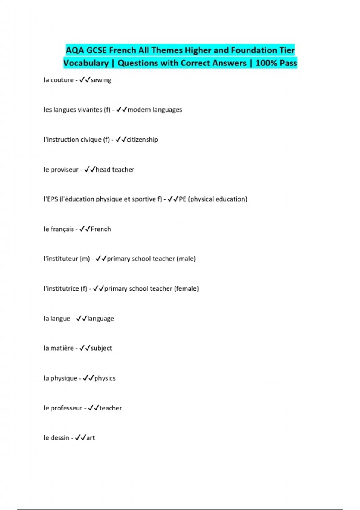 AQA GCSE French All Themes Higher and Foundation Tier Vocabulary ...