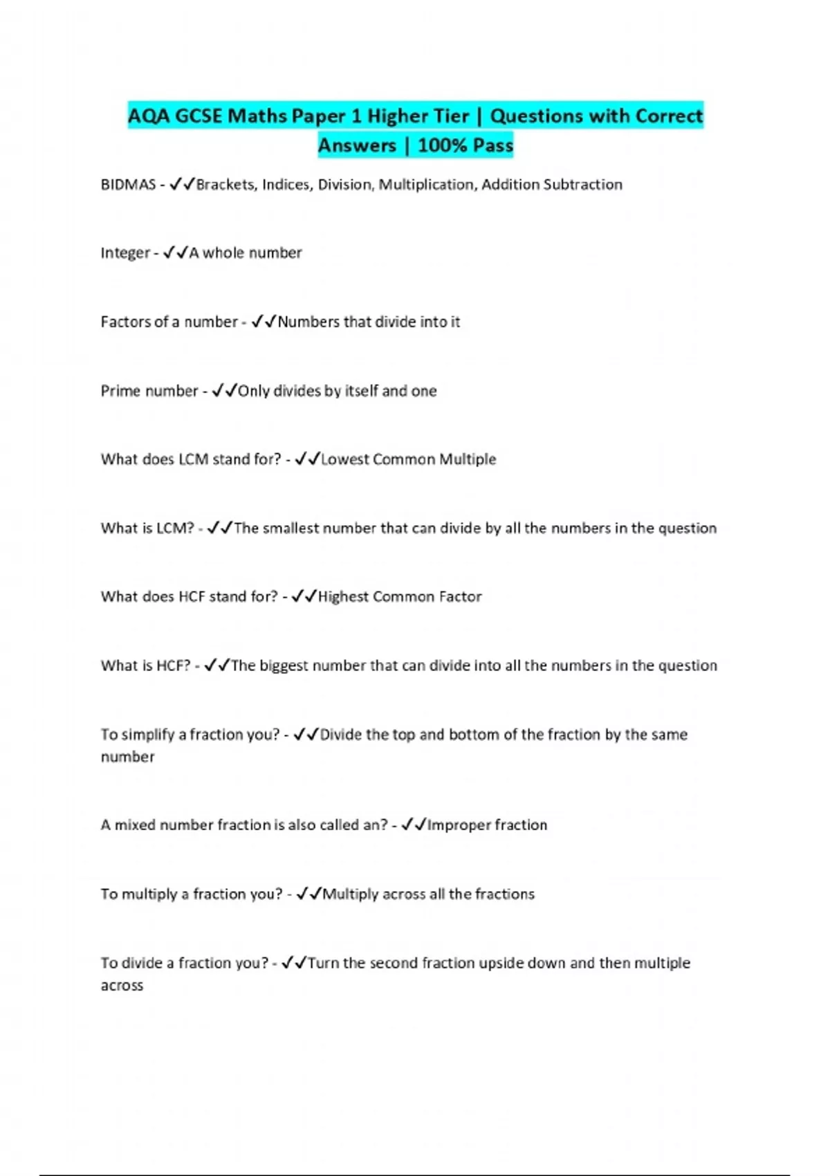 AQA GCSE Maths Paper 1 Higher Tier | Questions with Correct Answers ...
