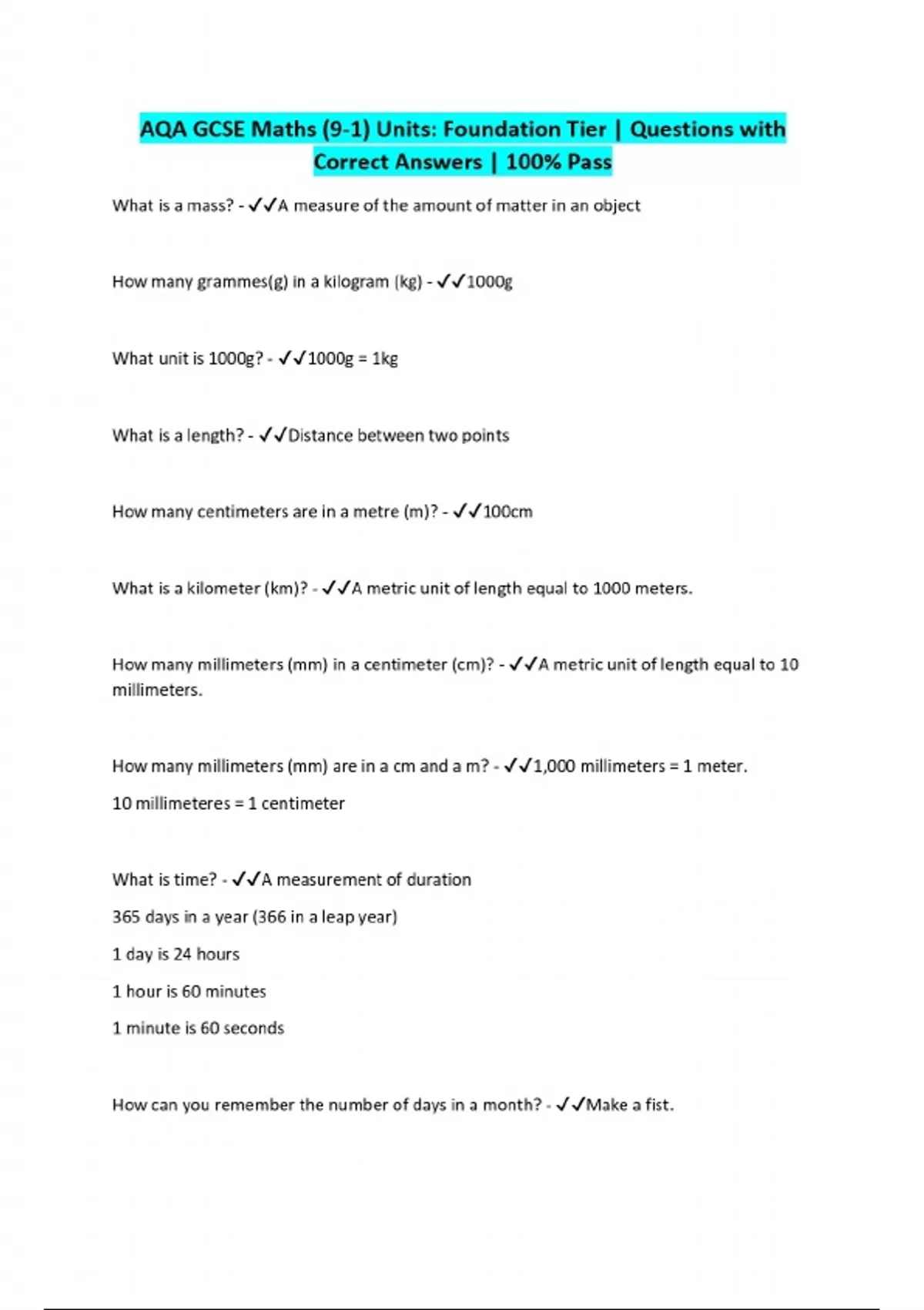 AQA GCSE Maths (9-1) Units: Foundation Tier | Questions with Correct ...