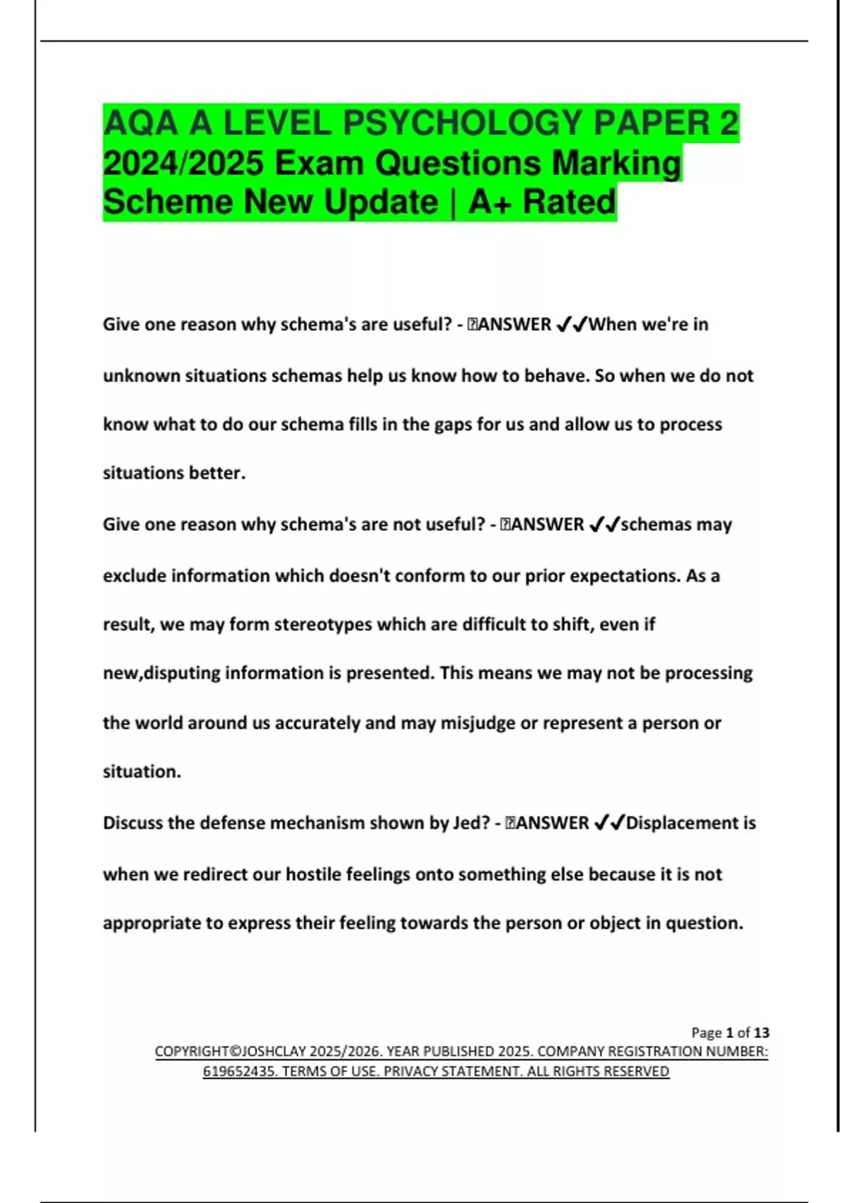 AQA A LEVEL PSYCHOLOGY PAPER 2 2024/2025 Exam Questions Marking Scheme ...