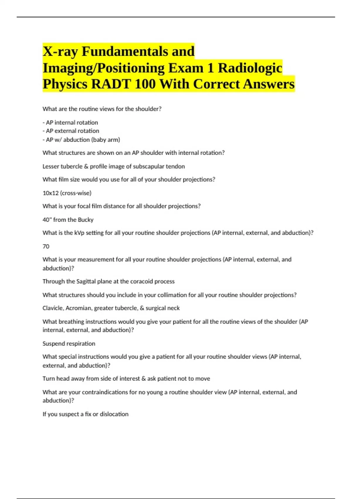 X-ray Fundamentals and Imaging/Positioning Exam 1 Radiologic Physics ...