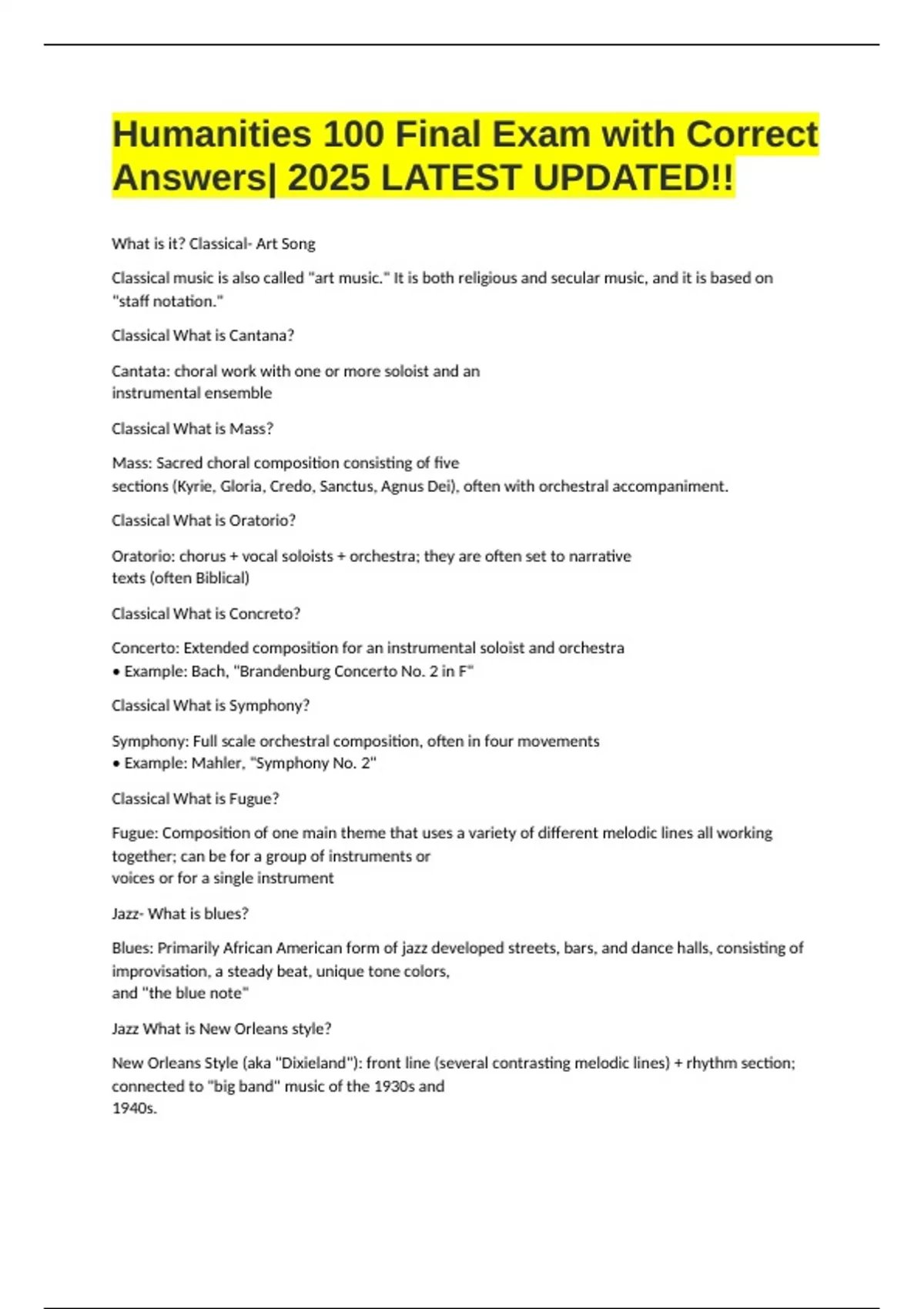 Humanities 100 Final Exam with Correct Answers| 2025 LATEST UPDATED ...