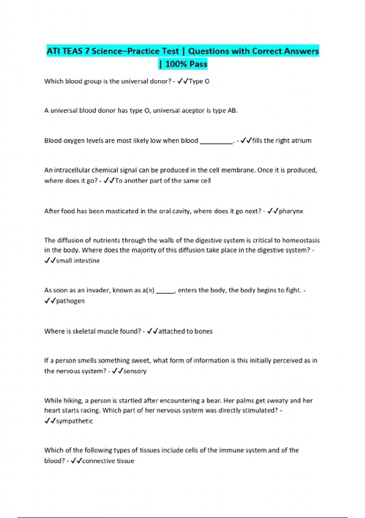ATI TEAS 7 Science–Practice Test | Questions with Correct Answers | 100 ...