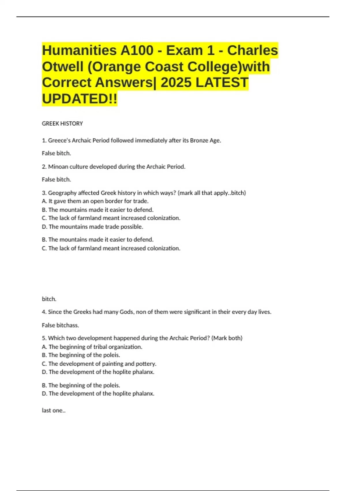 Humanities A100 - Exam 1 - Charles Otwell (Orange Coast College)with ...