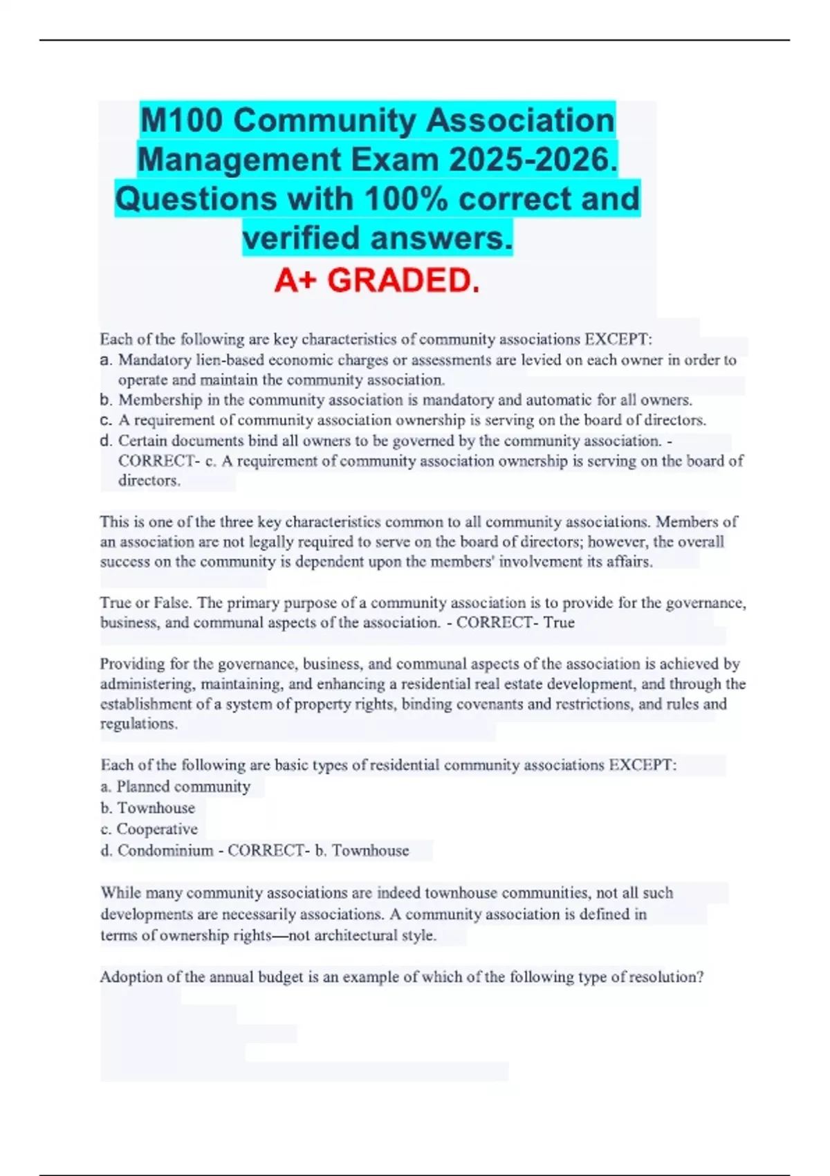 M100 Community Association Management Exam . Questions with 100% ...
