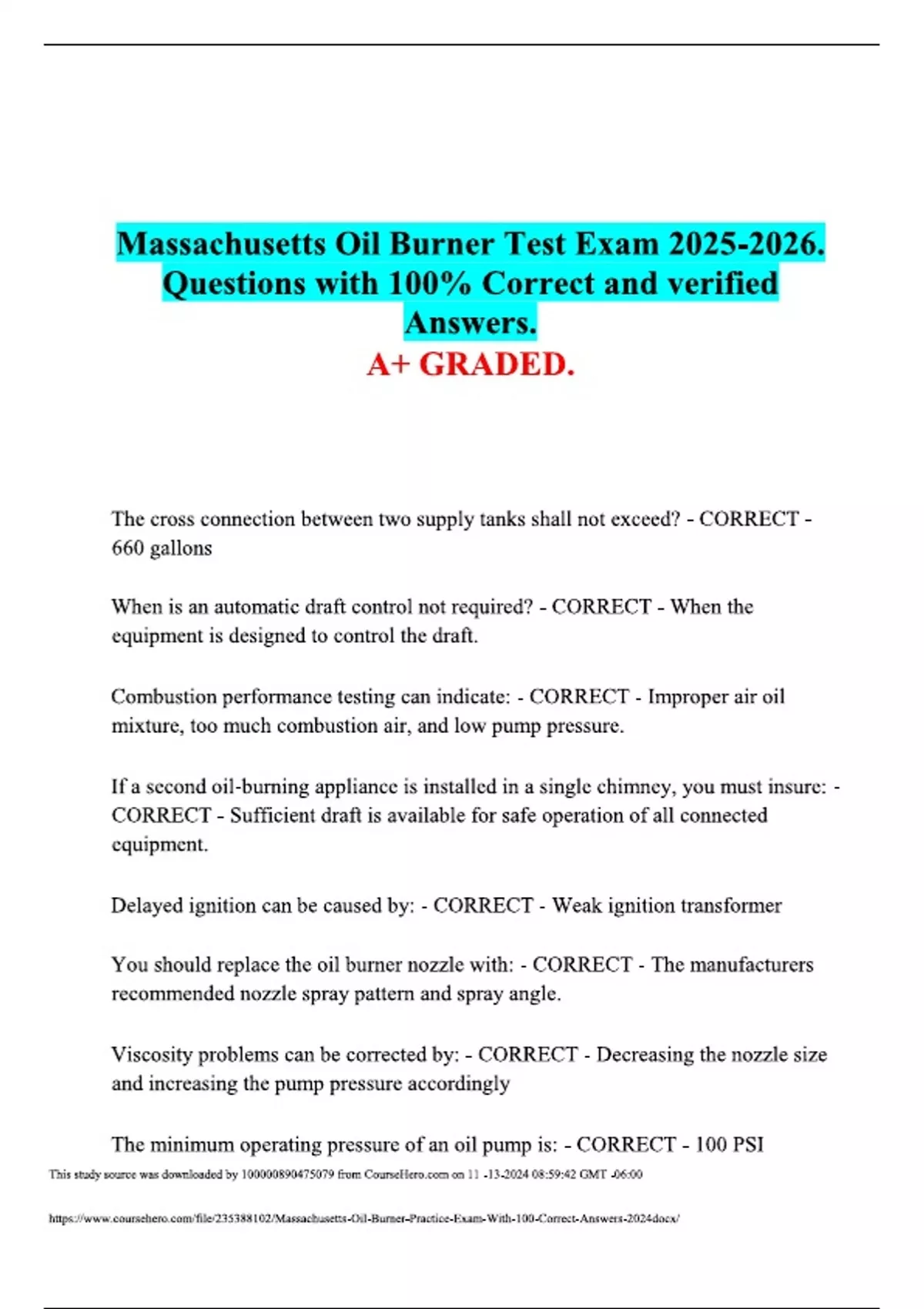 Massachusetts Oil Burner Test Exam . Questions with 100% Correct and ...