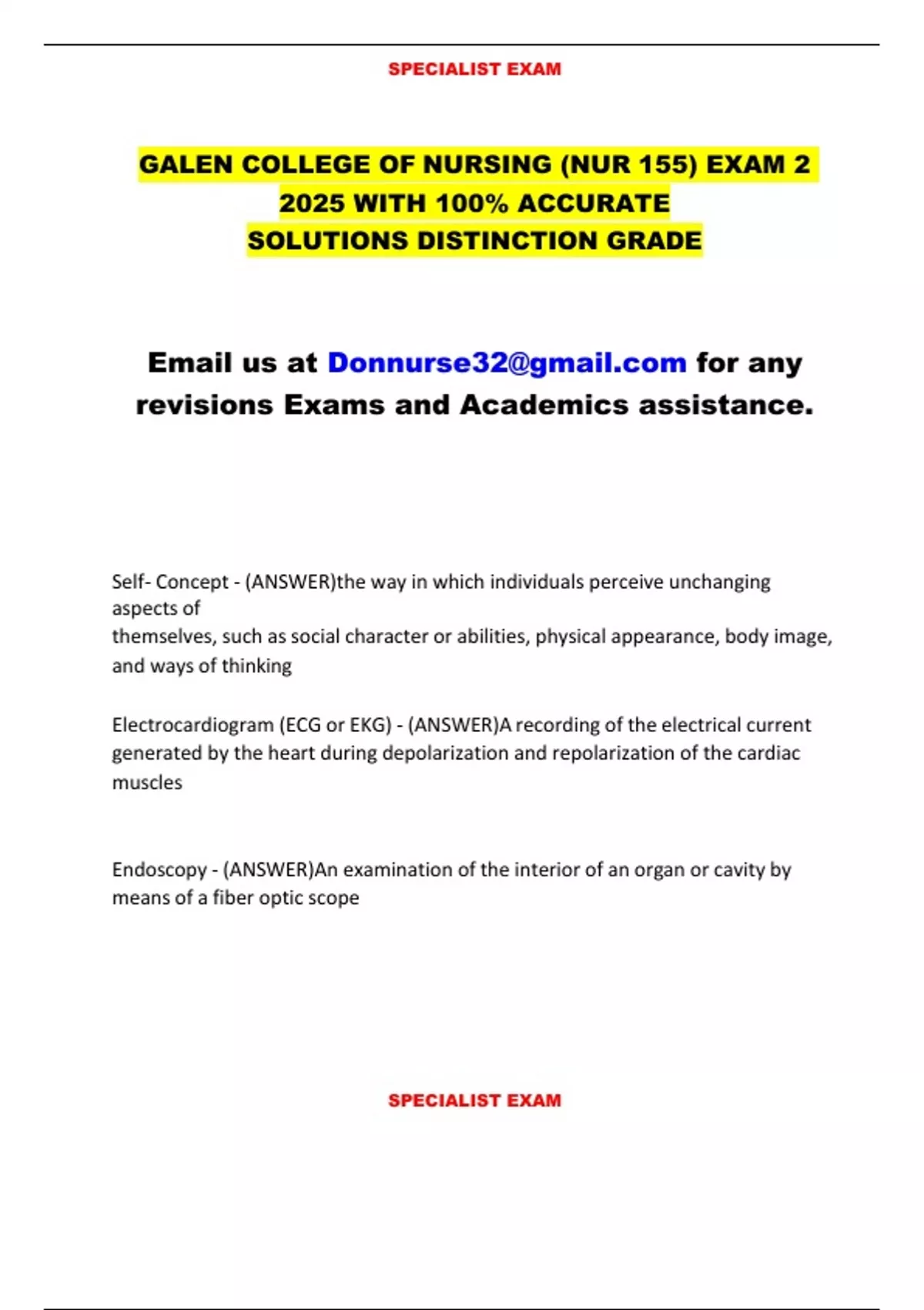 GALEN COLLEGE OF NURSING (NUR 155) EXAM 2 2025 WITH 100% ACCURATE ...