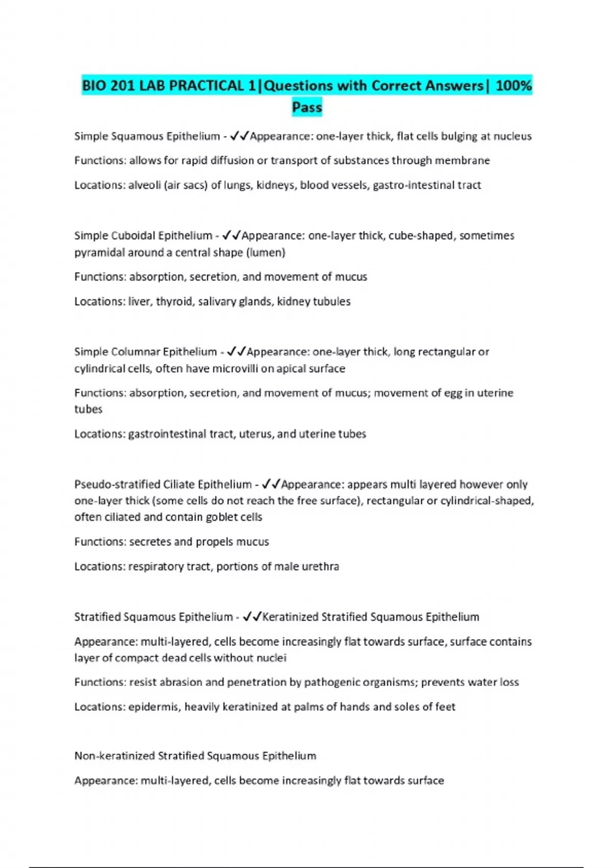 BIO 201 LAB PRACTICAL 1|Questions with Correct Answers| 100% Pass - BIO ...