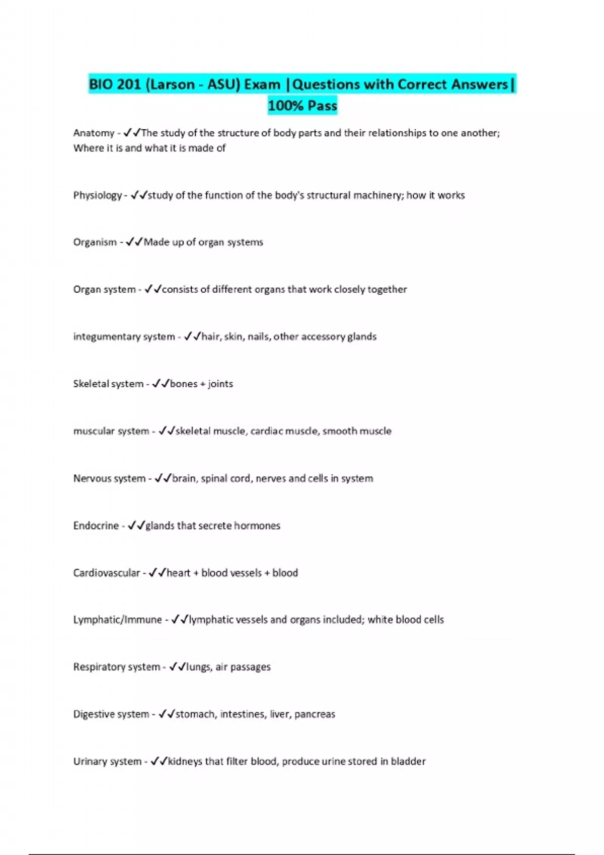 BIO 201 (Larson - ASU) Exam |Questions with Correct Answers| 100% Pass ...