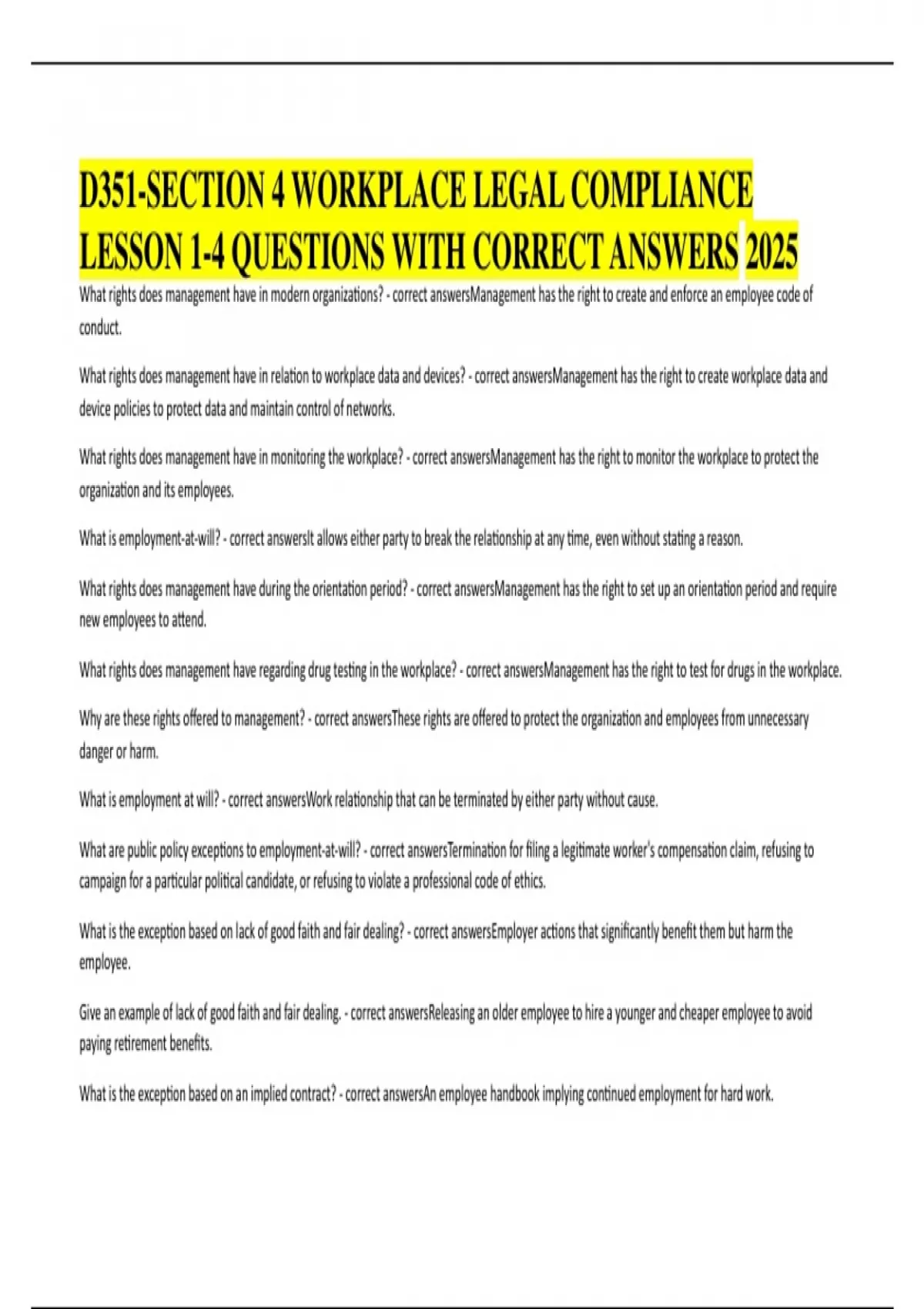 D351-SECTION 4 WORKPLACE LEGAL COMPLIANCE LESSON 1-4 QUESTIONS WITH ...