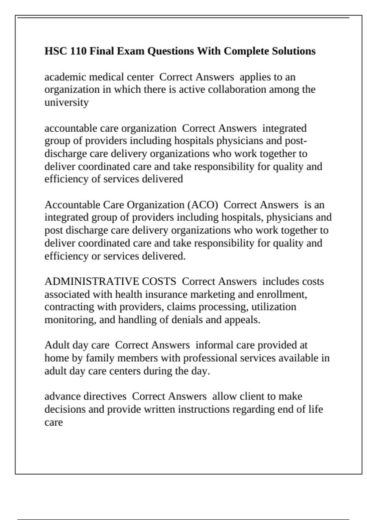 HSC 110 Final Exam Questions With Complete Solutions - HSC 110 - Stuvia US