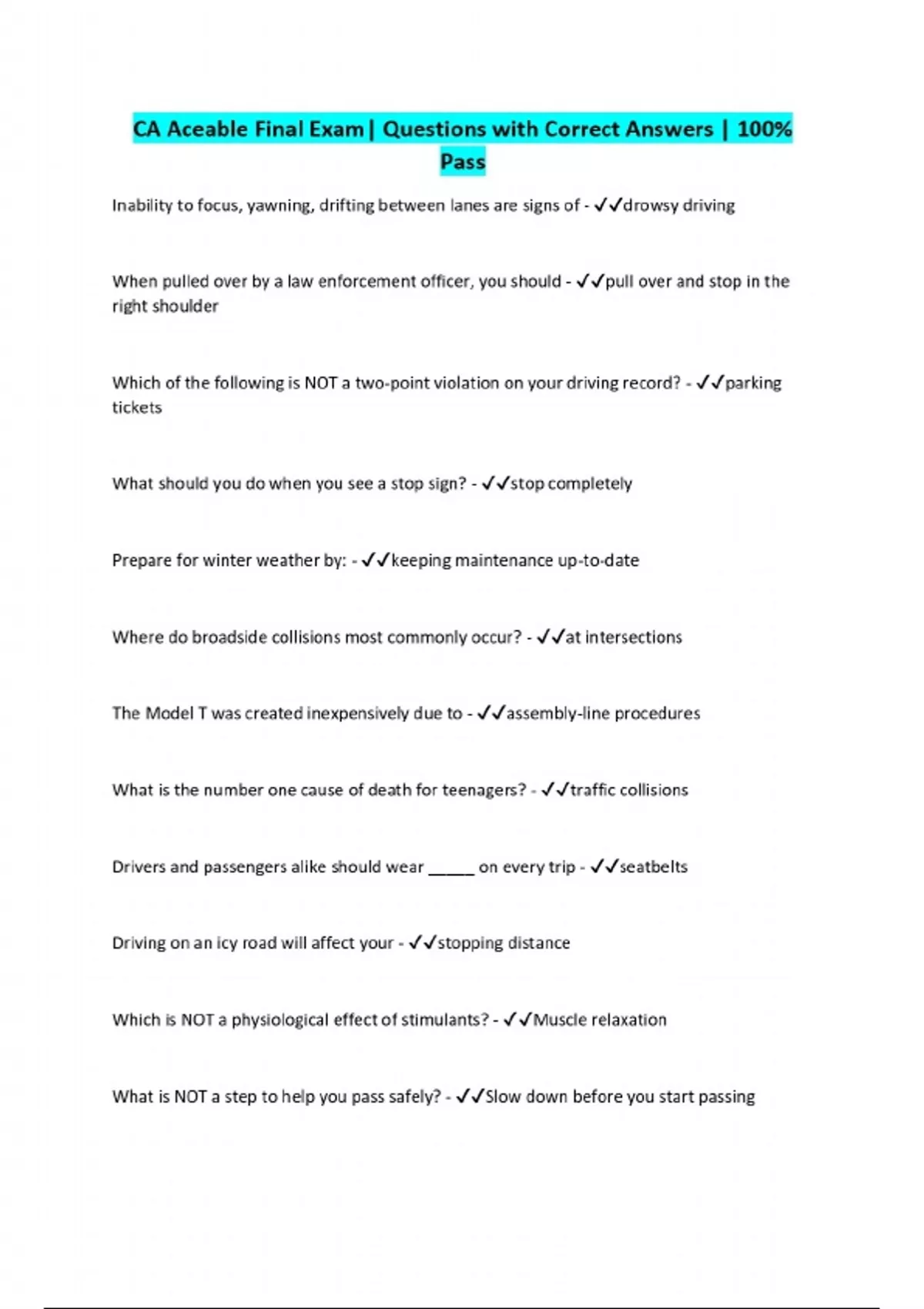 CA Aceable Final Exam| Questions with Correct Answers | 100% Pass - CA ...