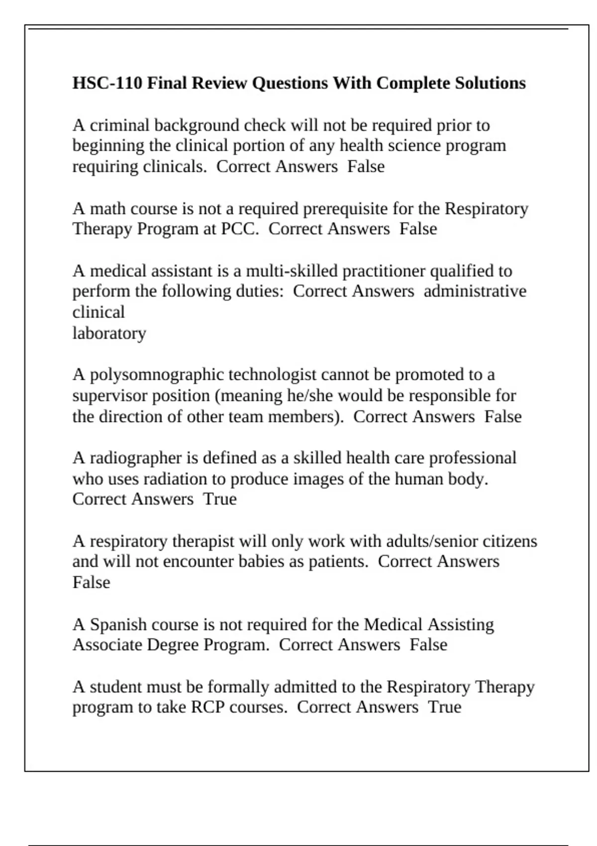 HSC-110 Final Review Questions With Complete Solutions - HSC 110 - Stuvia US