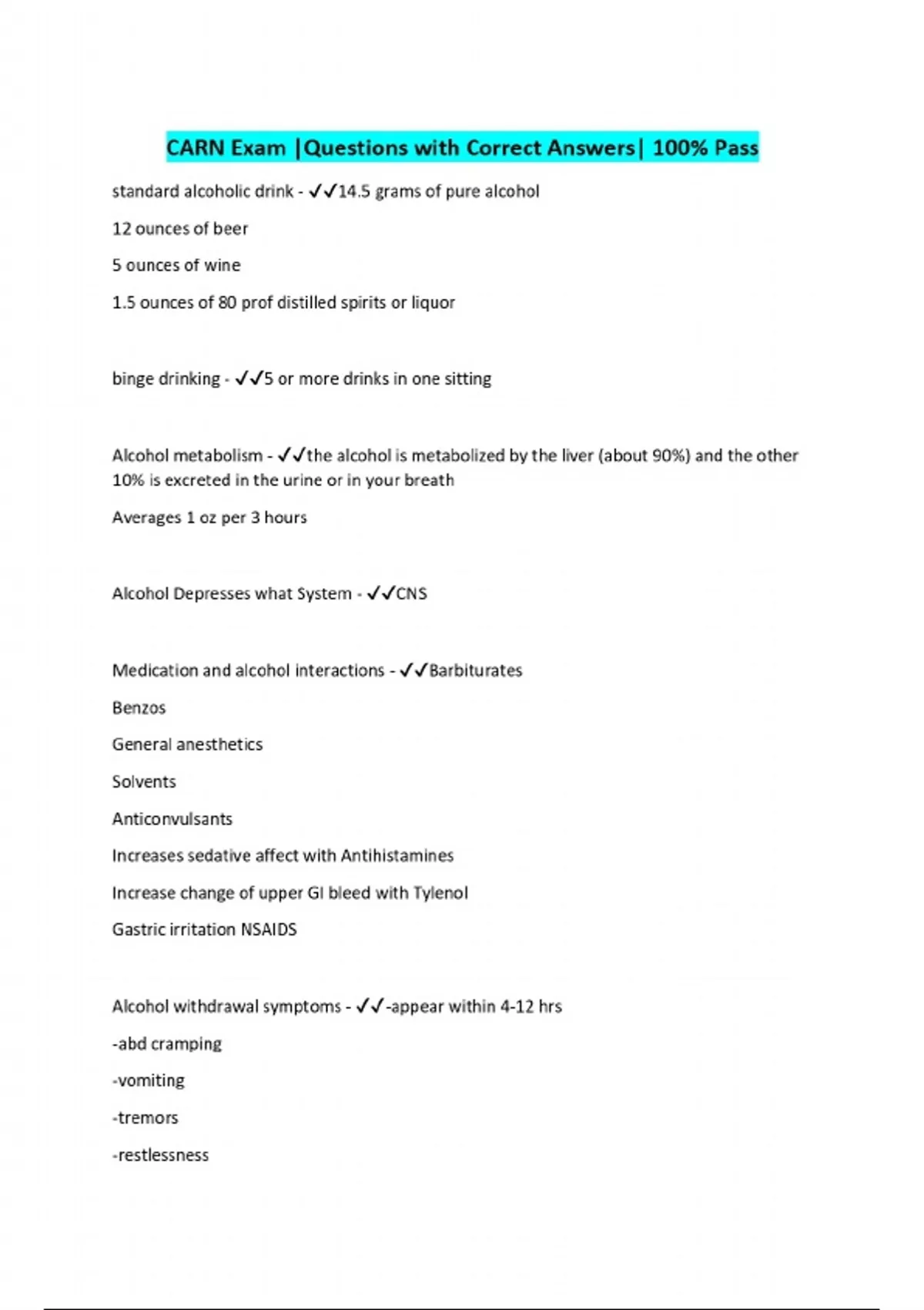 Carn Exam Questions With Correct Answers 100 Pass Carn Stuvia Us