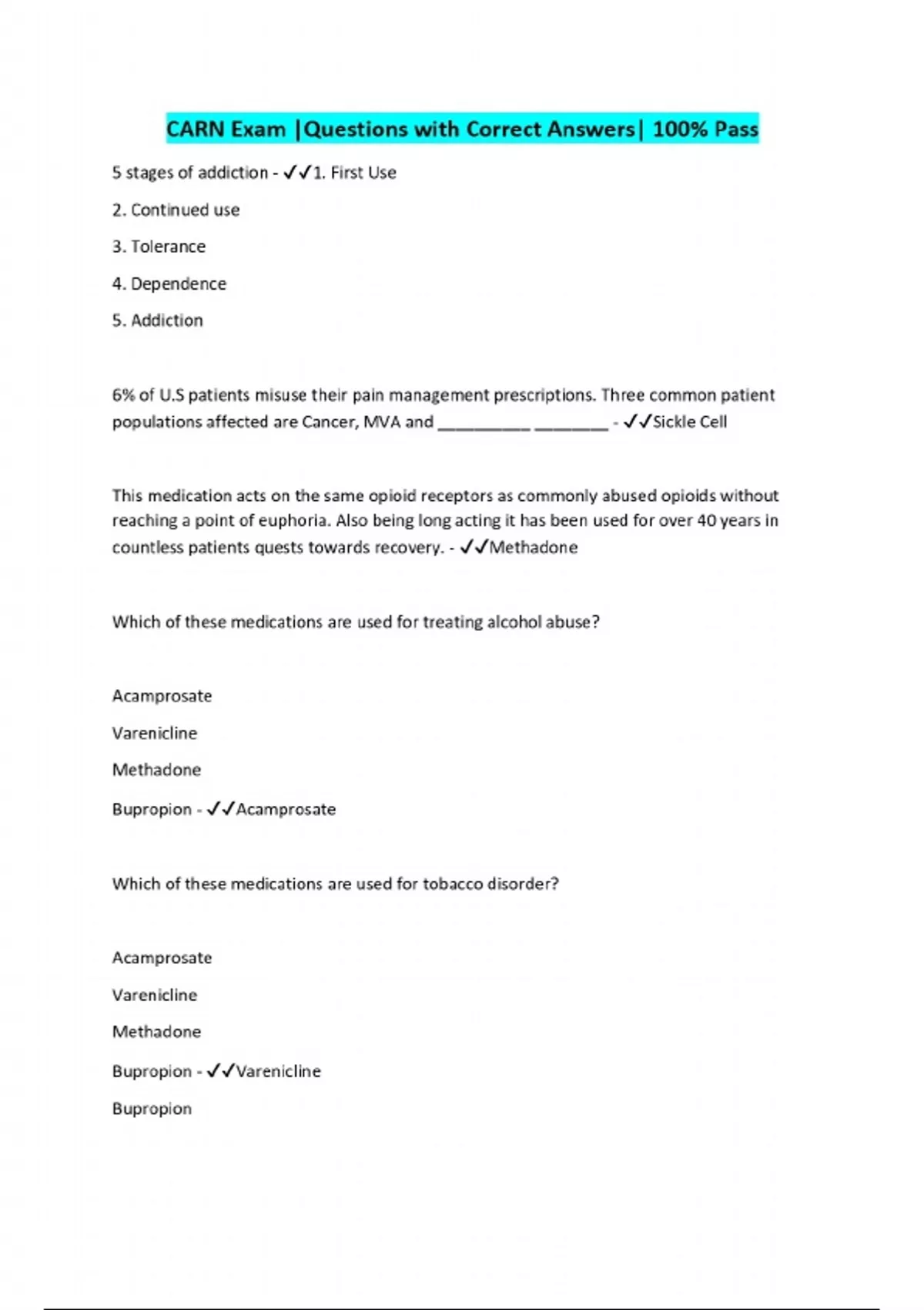CARN Exam |Questions with Correct Answers| 100% Pass - Carn - Stuvia US