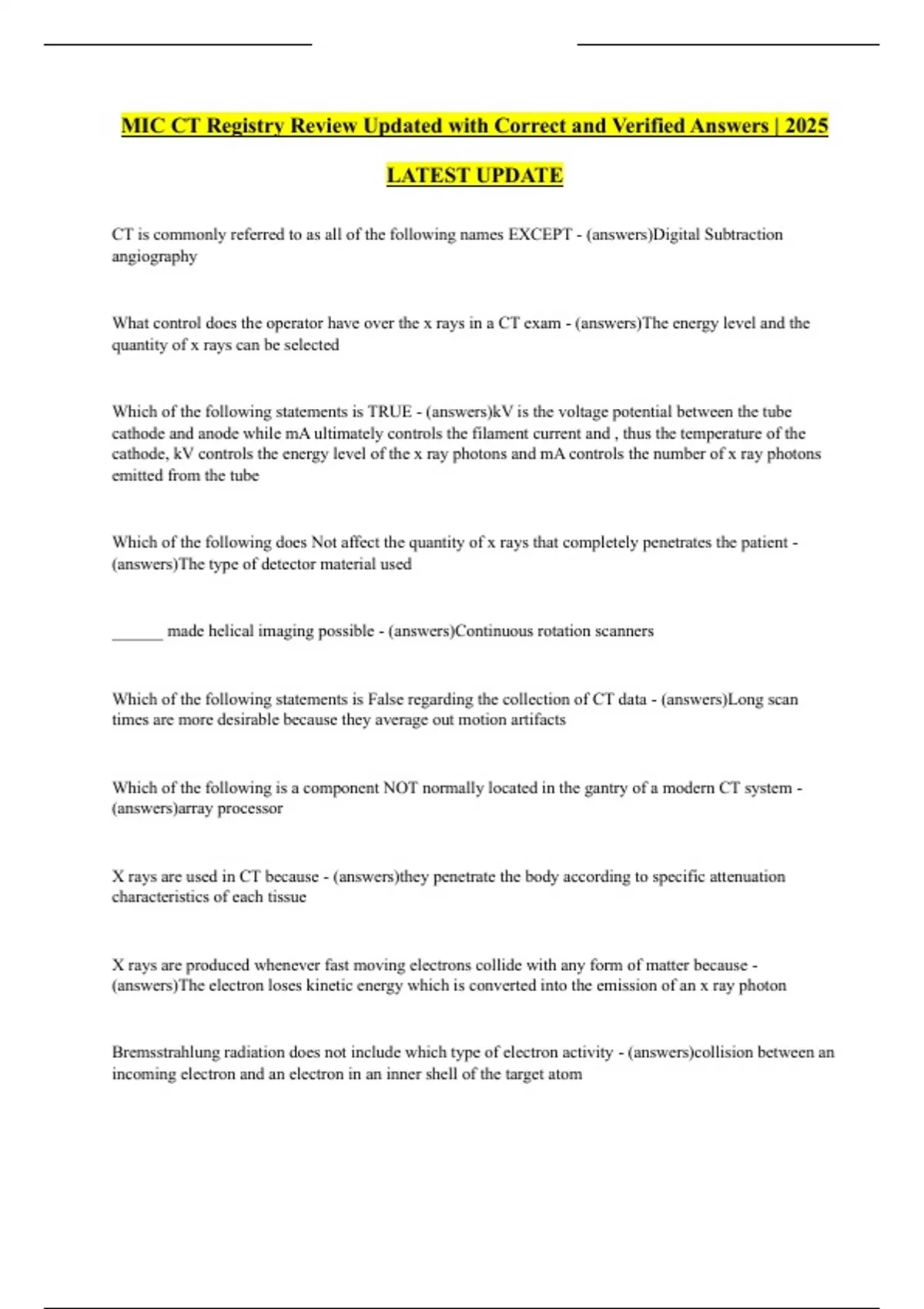 MIC CT Registry Review Updated with Correct and Verified Answers | 2025 ...
