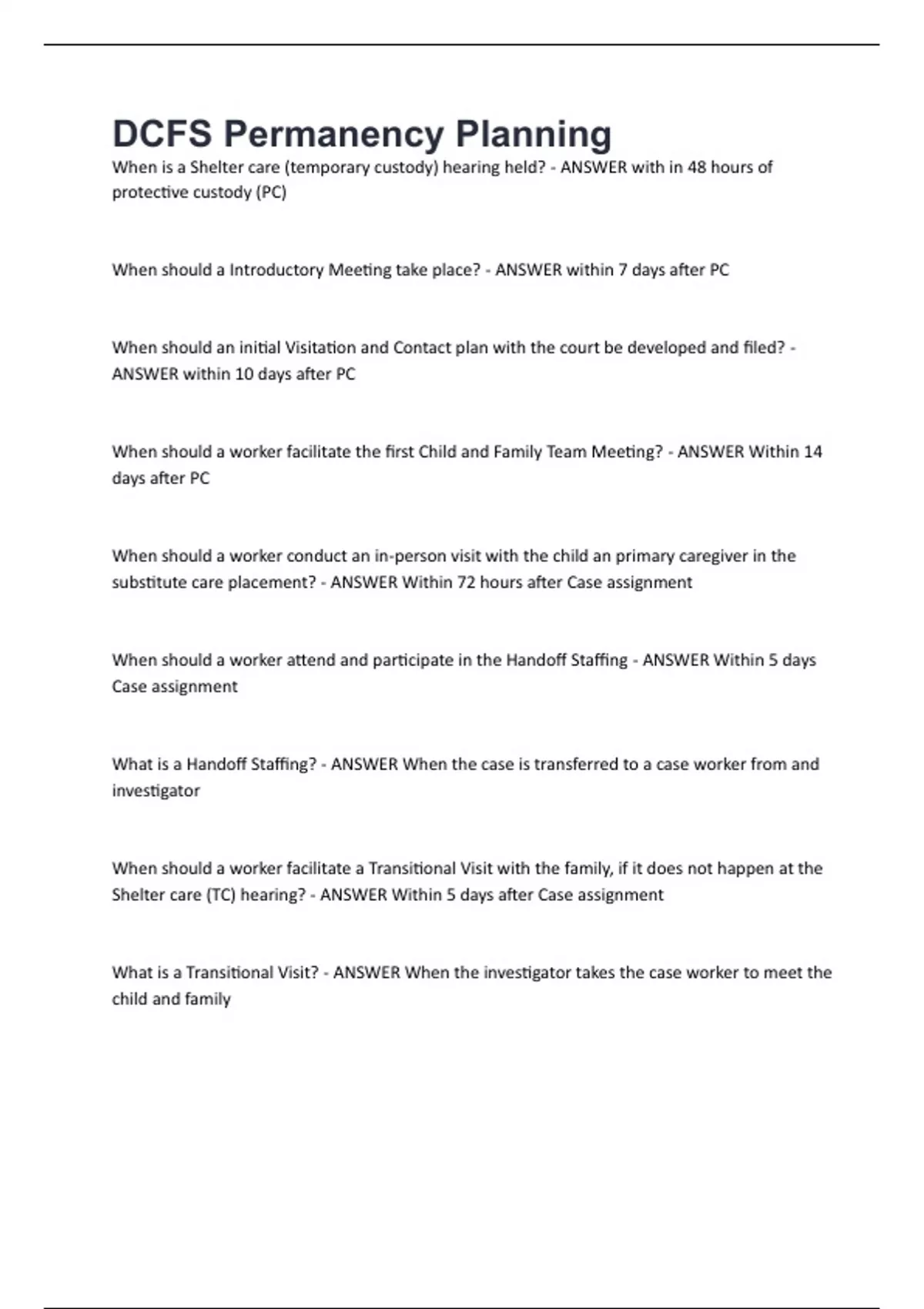 DCFS Permanency Planning questions and updated answers - Cans - Stuvia US