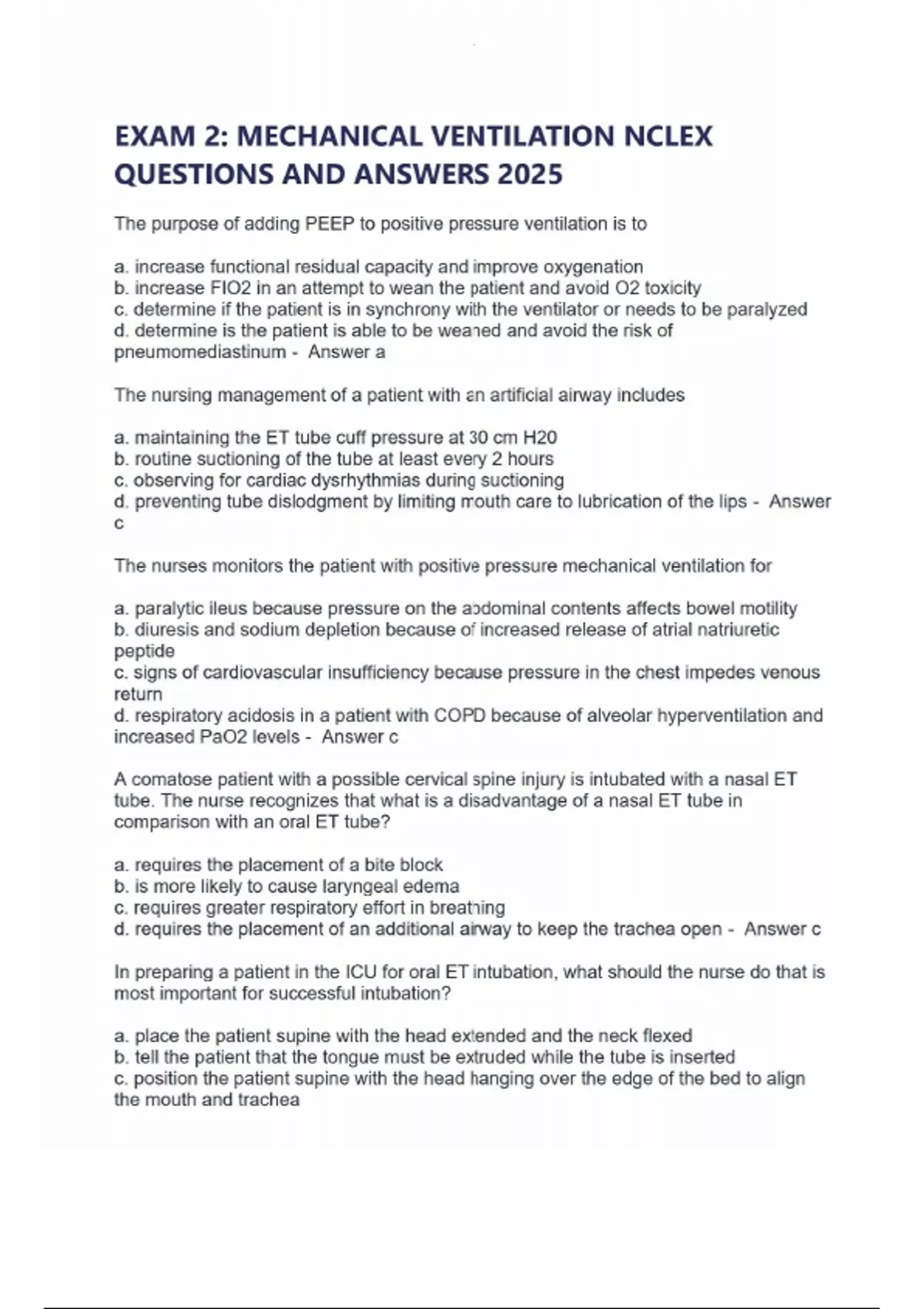 EXAM 2: MECHANICAL VENTILATION NCLEX QUESTIONS AND ANSWERS 2025 ...