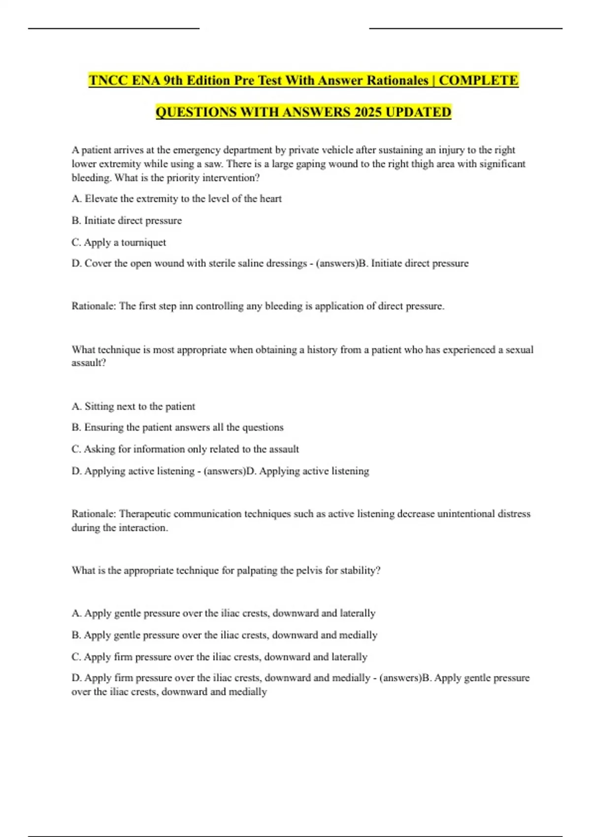 TNCC ENA 9th Edition Pre Test With Answer Rationales | COMPLETE ...