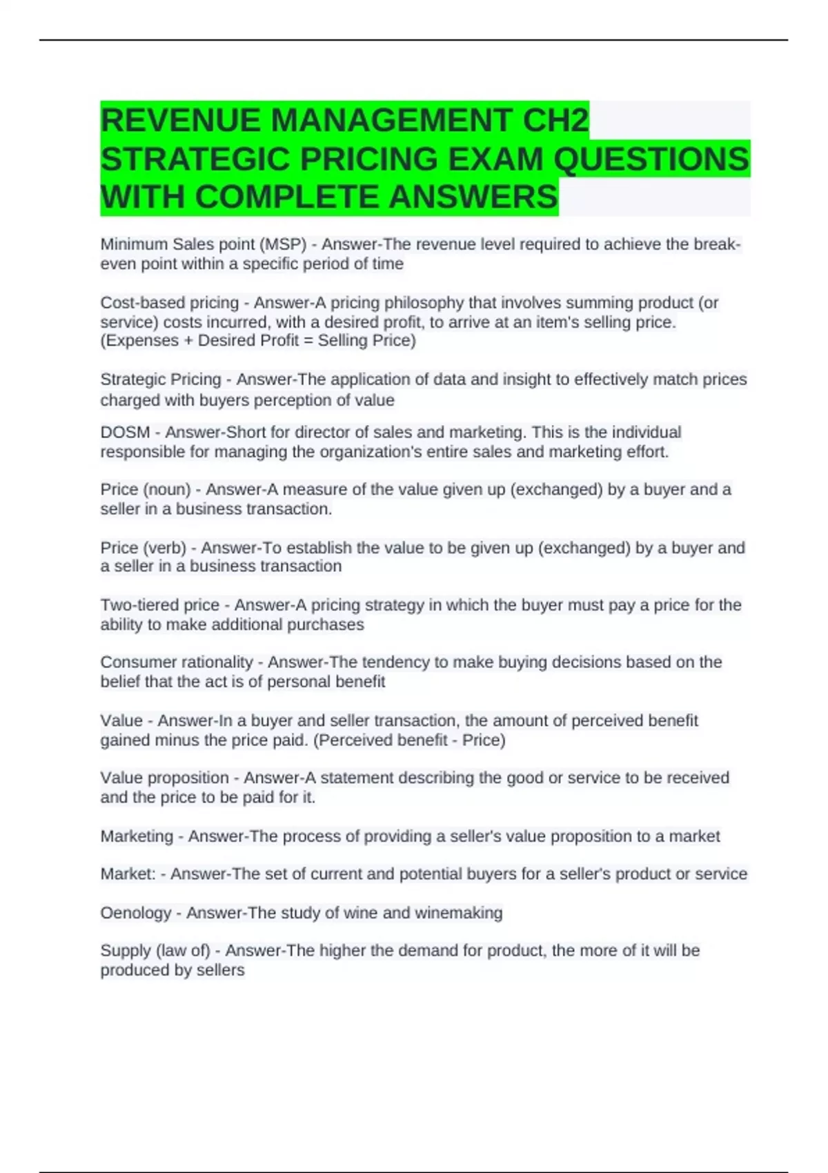 REVENUE MANAGEMENT CH2 STRATEGIC PRICING EXAM QUESTIONS WITH COMPLETE ...