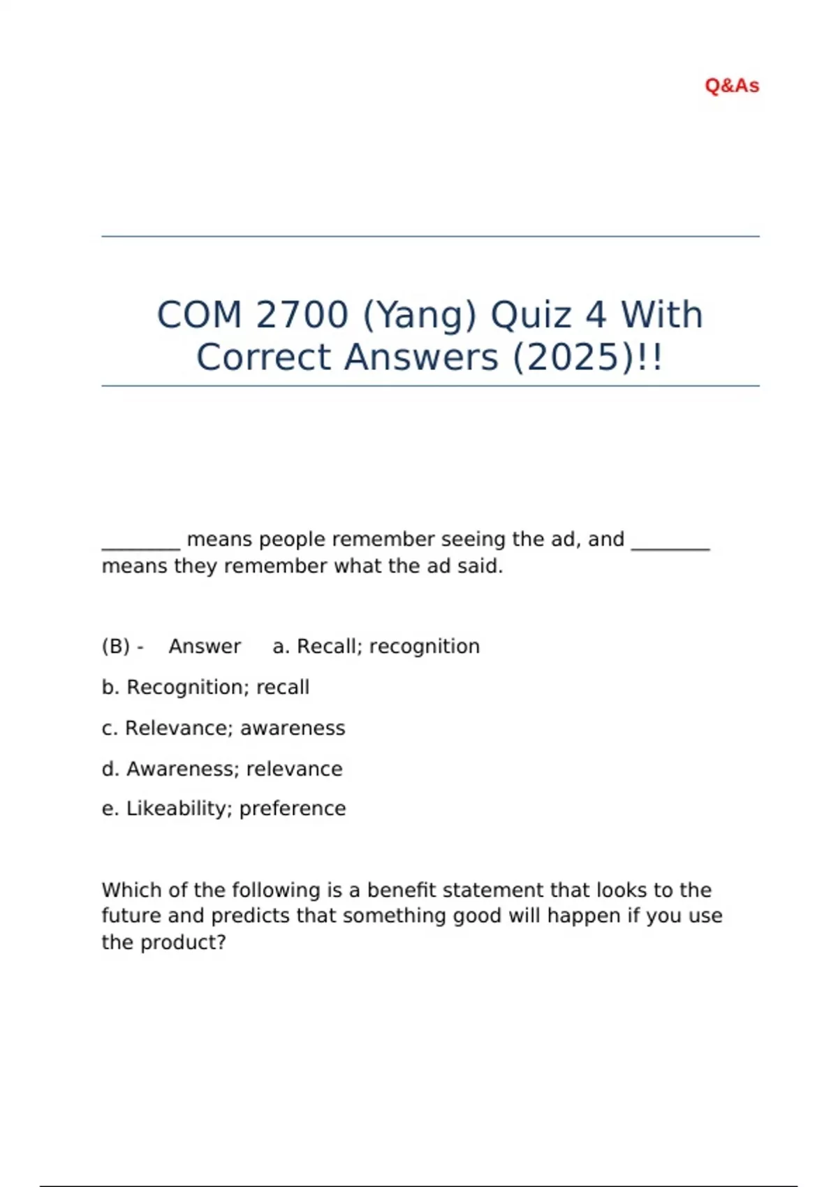 COM 2700 (Yang) Quiz 4 With Correct Answers (2025)!! - COMM 2700 ...