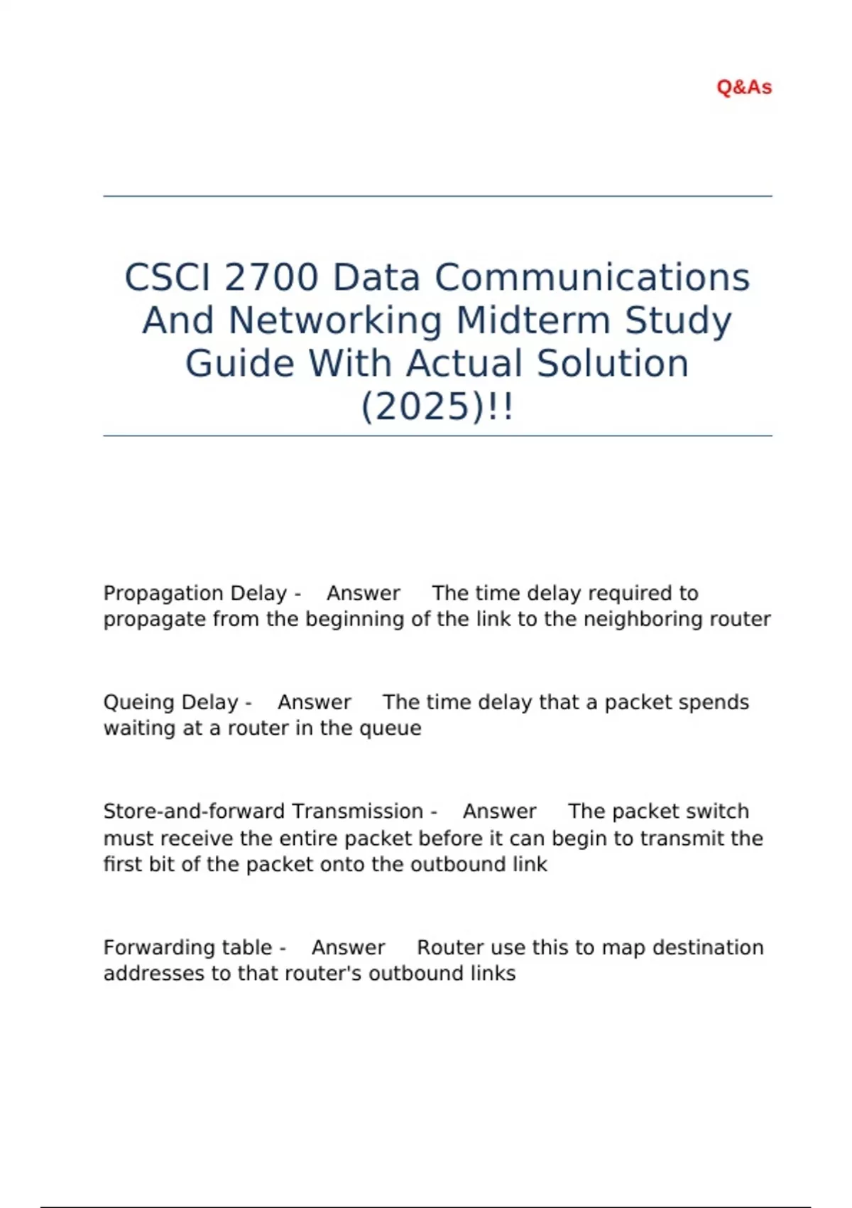 CSCI 2700 Data Communications And Networking Midterm Study Guide With Actual Solution (2025 ...